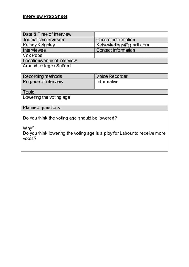 Interview Prep Sheet | DOCX