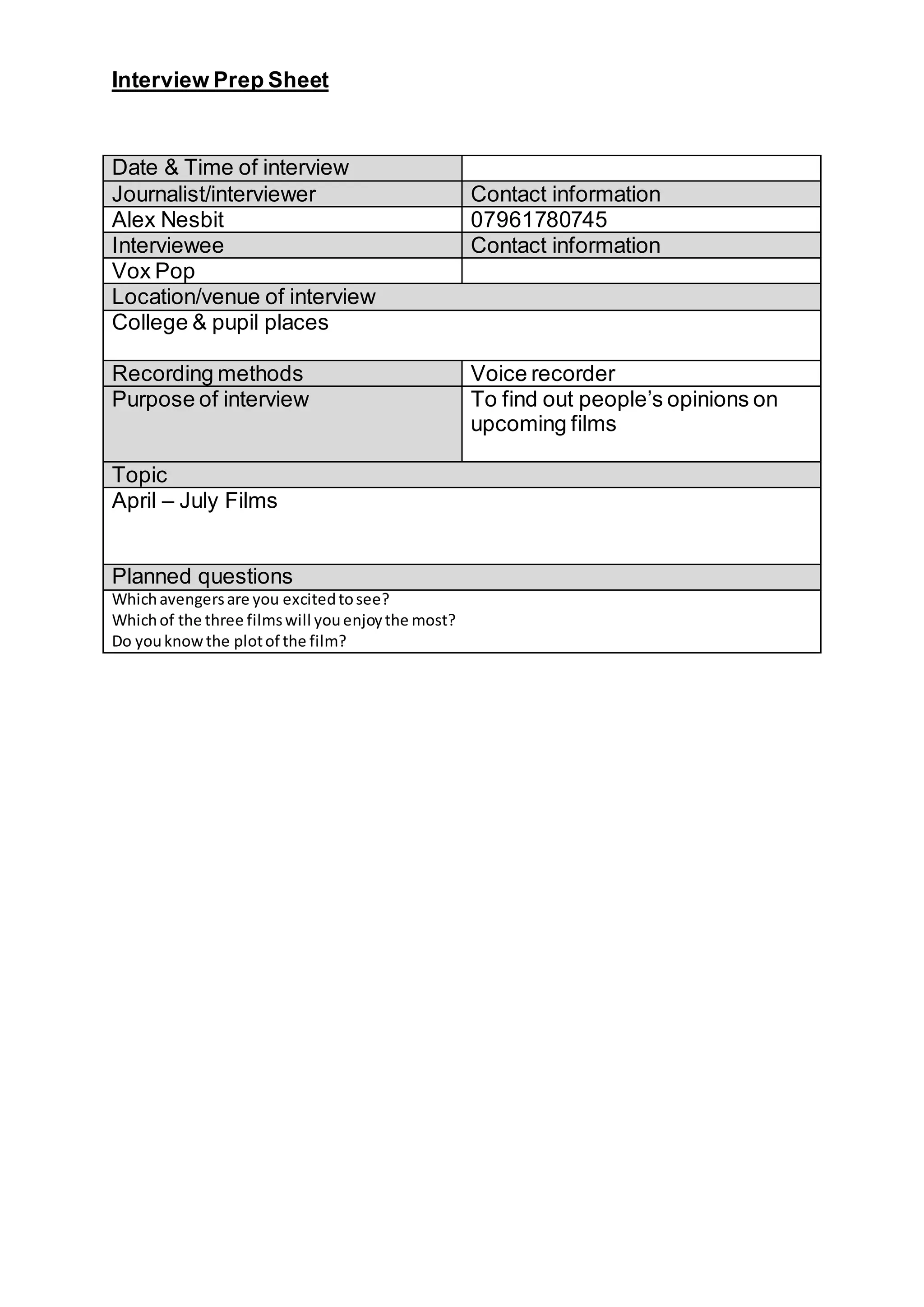 Interview prep sheet (1) | DOCX | Documentary | Genres