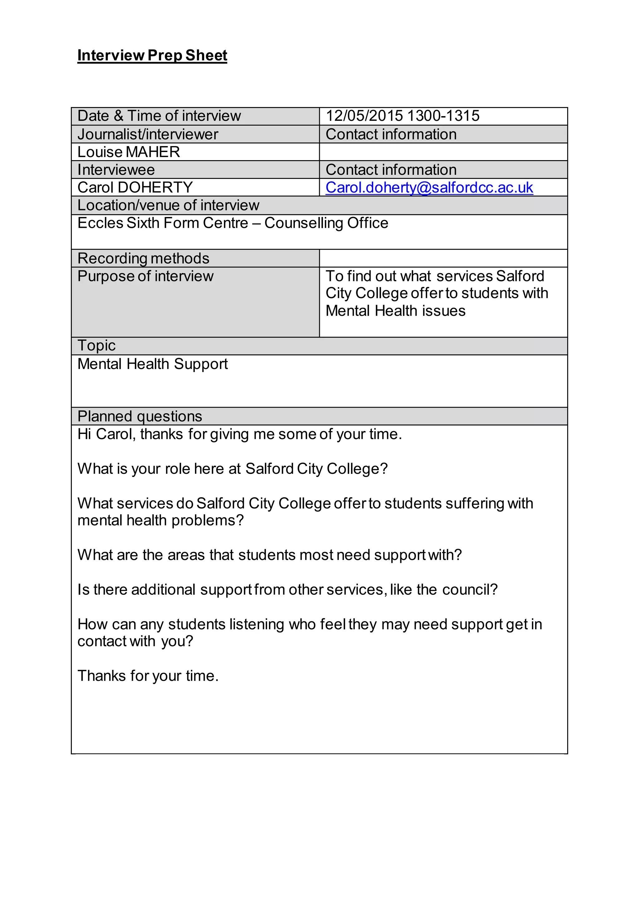 Interview prep sheet louise carol | DOCX