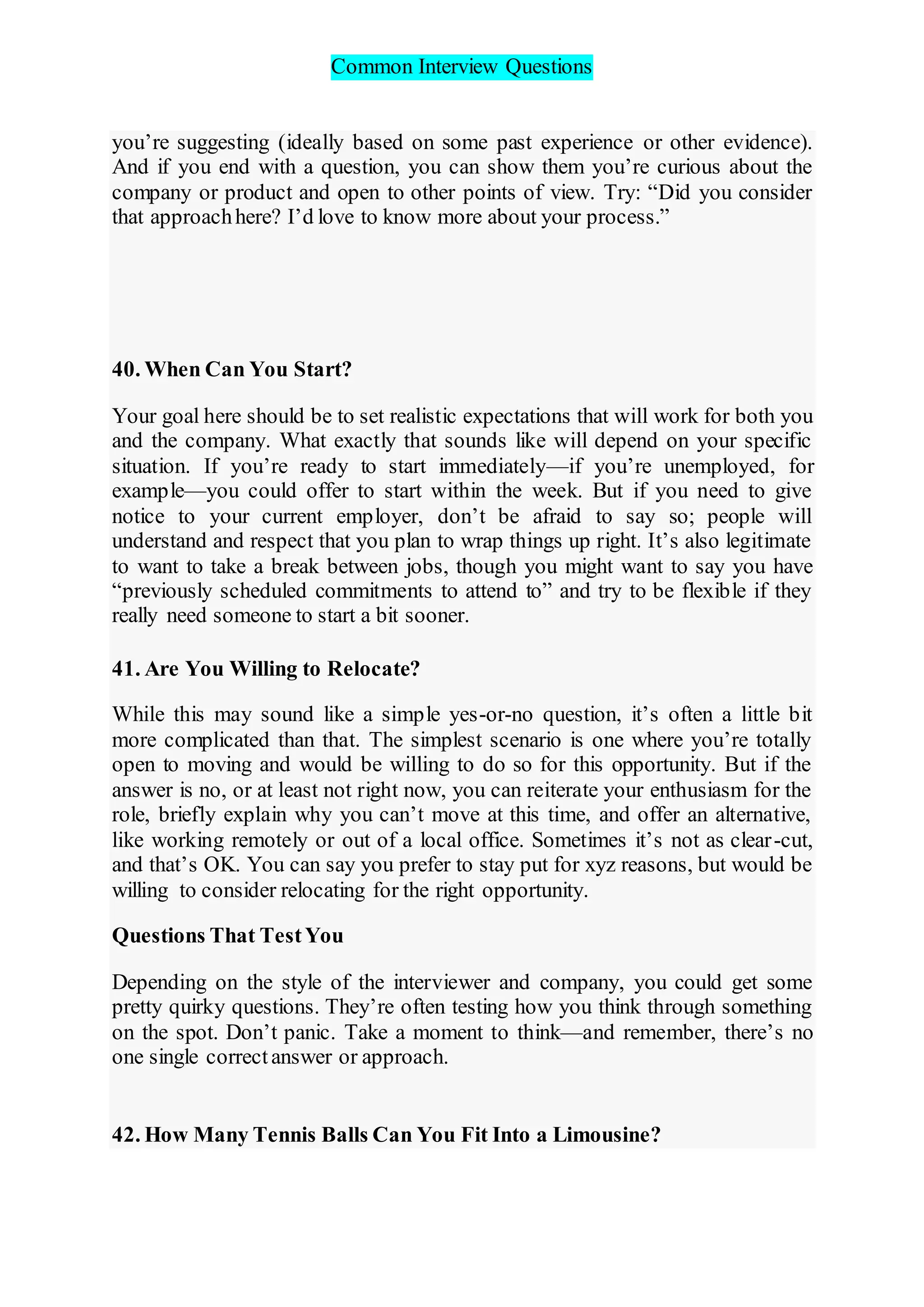 Common Interview Questions and possible answer hints | DOCX