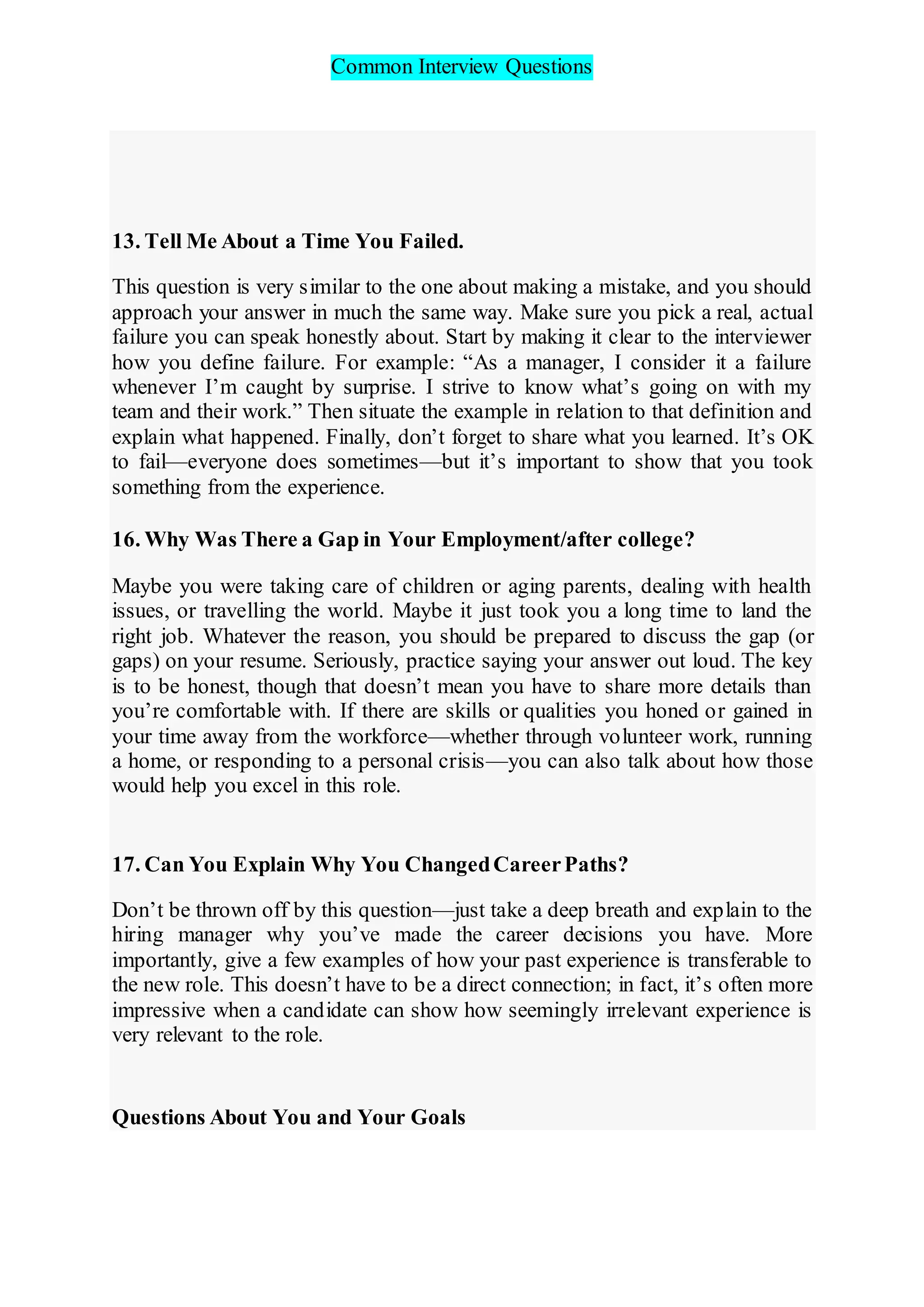 Common Interview Questions and possible answer hints | DOCX