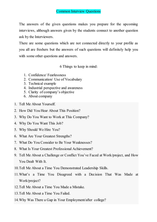 Common Interview Questions and possible answer hints | DOCX