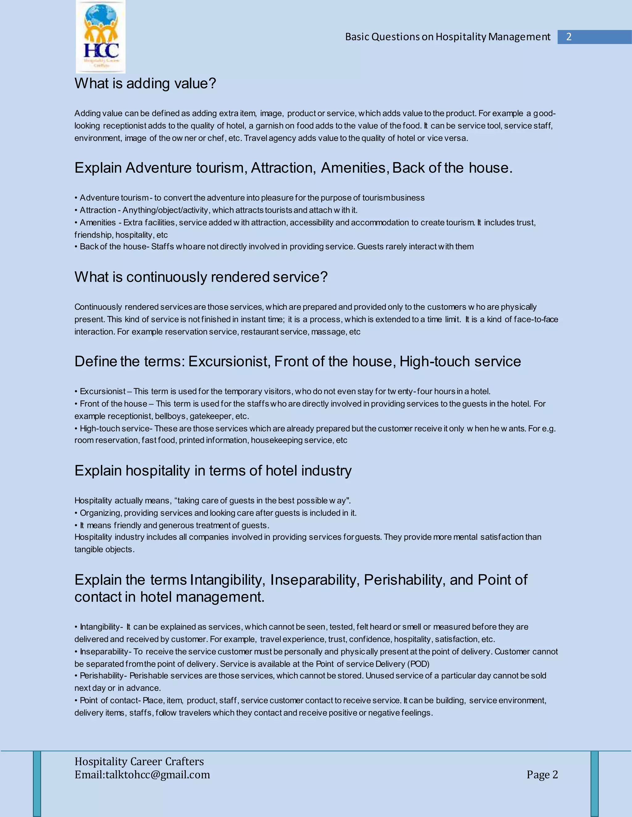 Interview Questions Hotel Management | DOCX