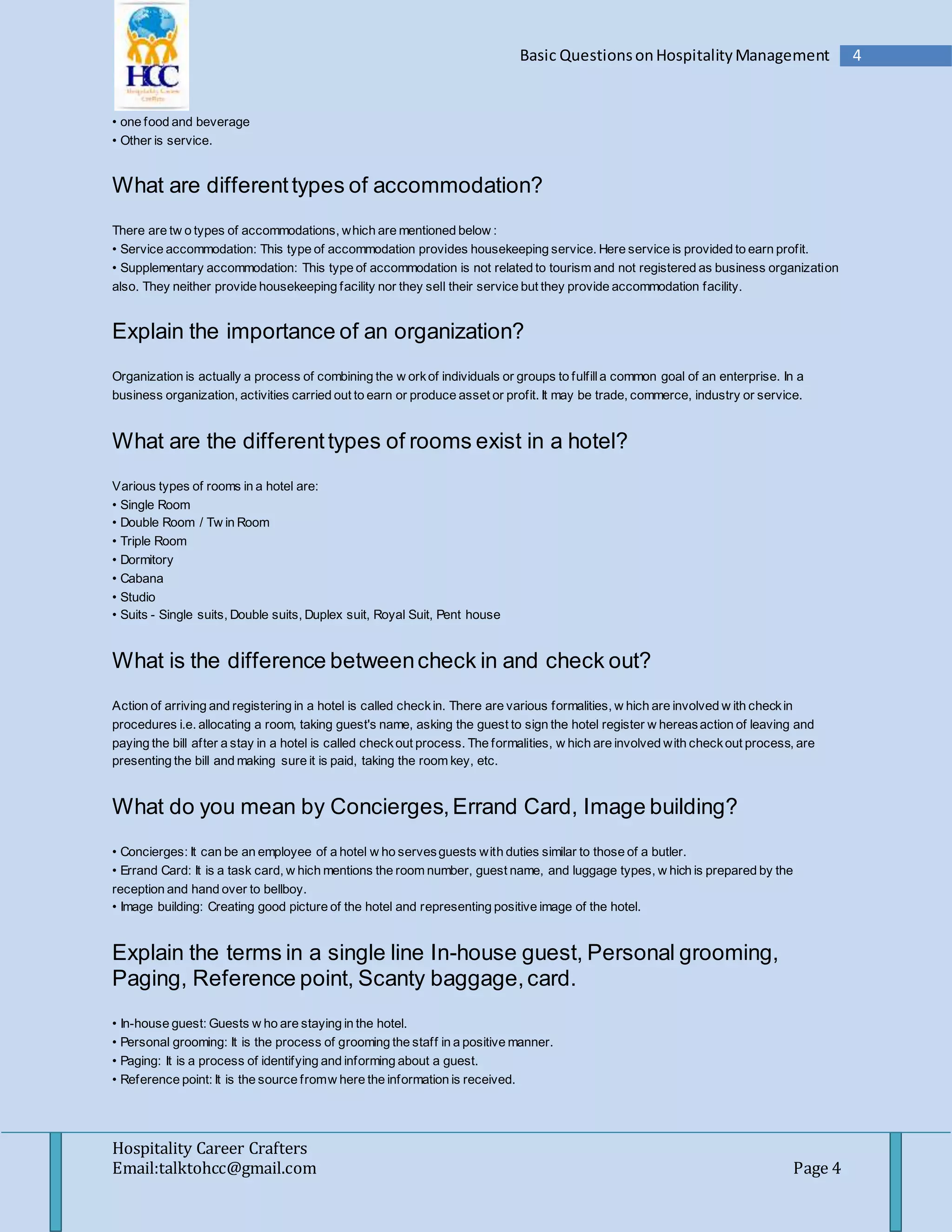 Interview Questions Hotel Management | DOCX