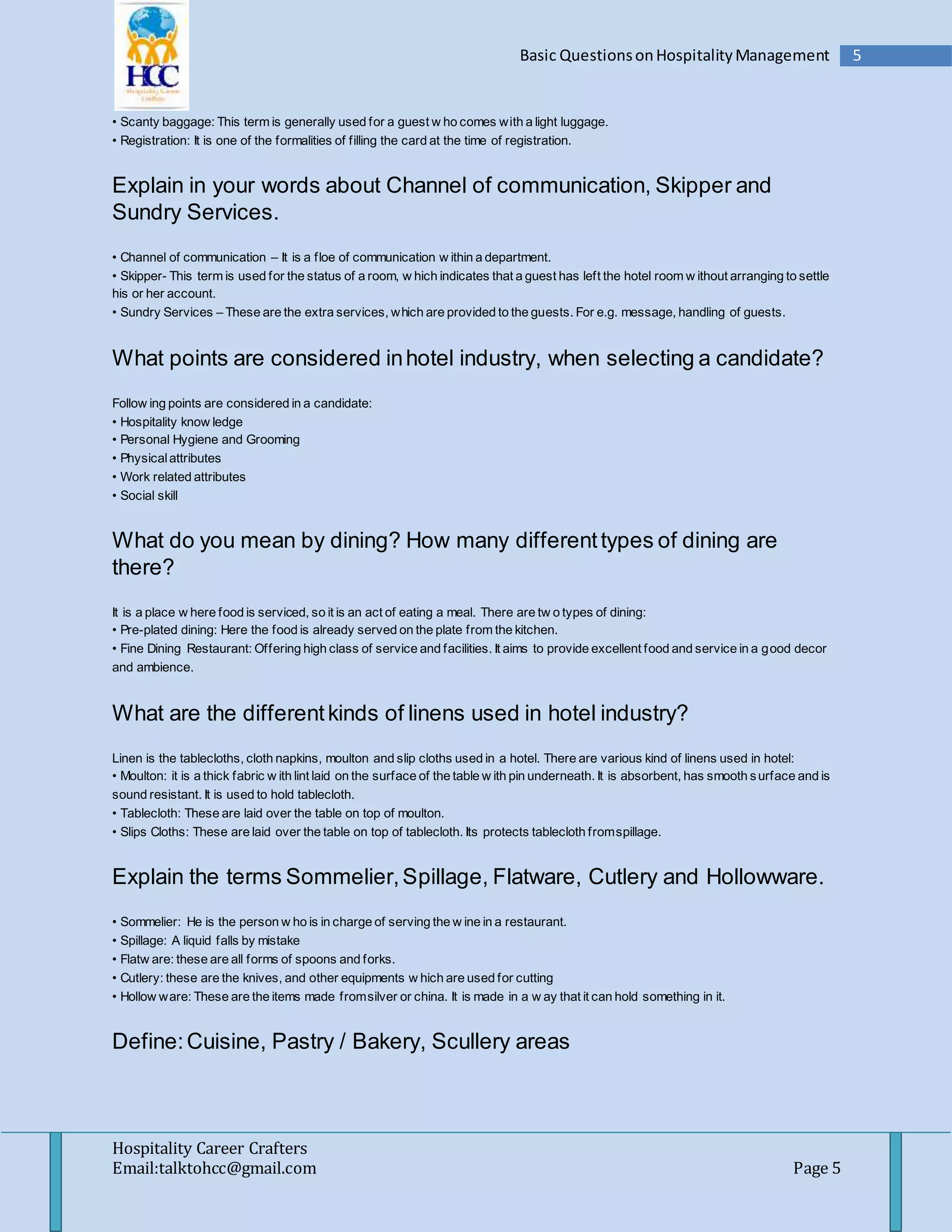 Interview Questions Hotel Management | DOCX