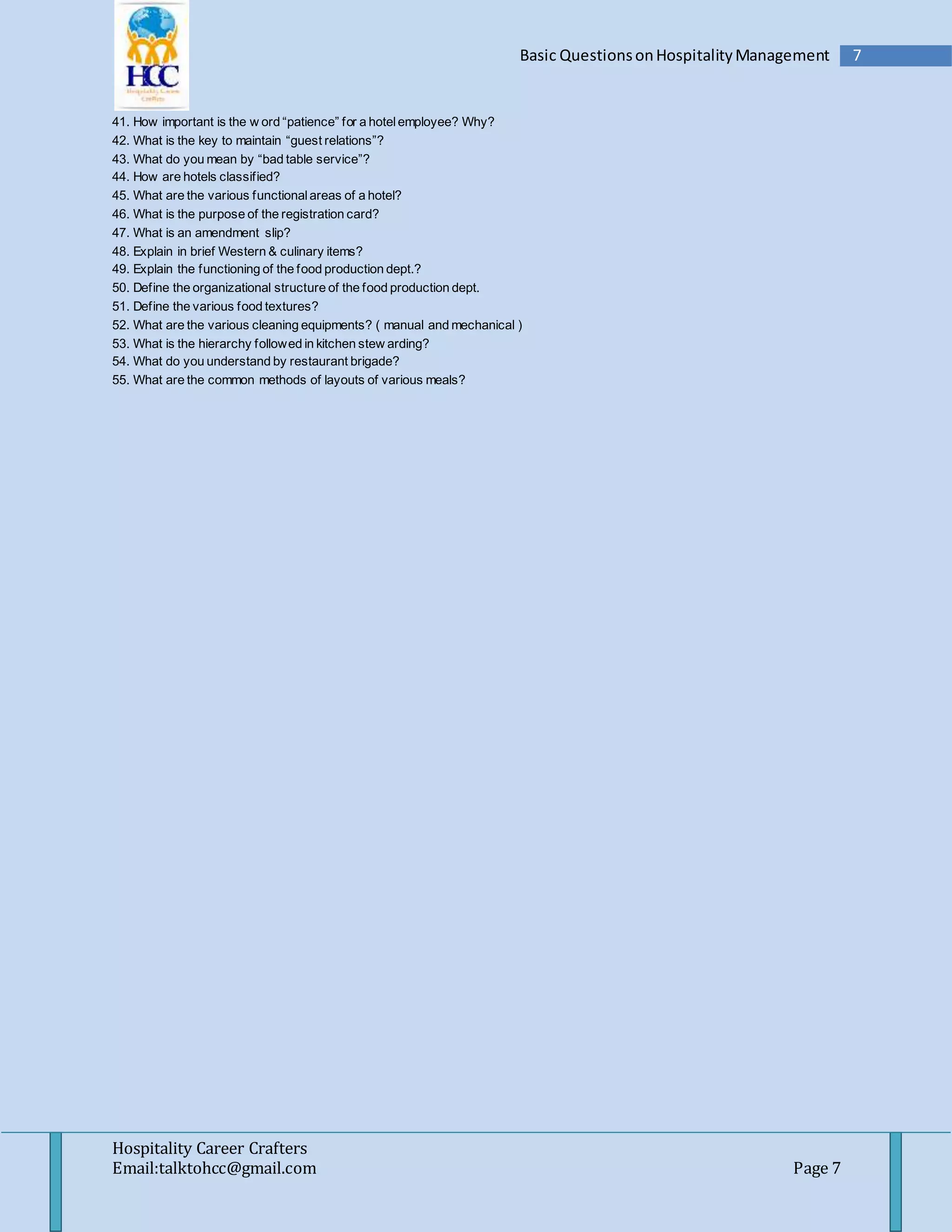 Interview Questions Hotel Management | DOCX