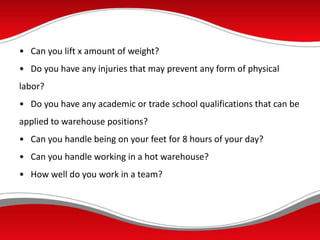 Interview questions and answers for warehouse | PPTX