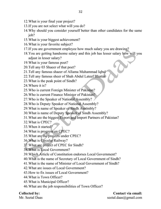 Interview Questions and Tips for Local Government Department Sindh by Seetal Daas.pdf | Business ...