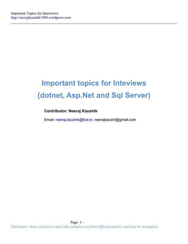 Dotnet And Sql Server Interview Questions Pdf