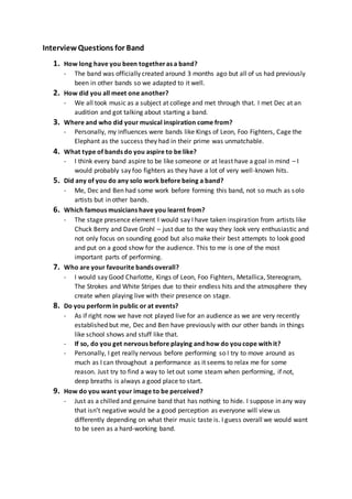 Interview questions for band | DOCX | Music | Entertainment