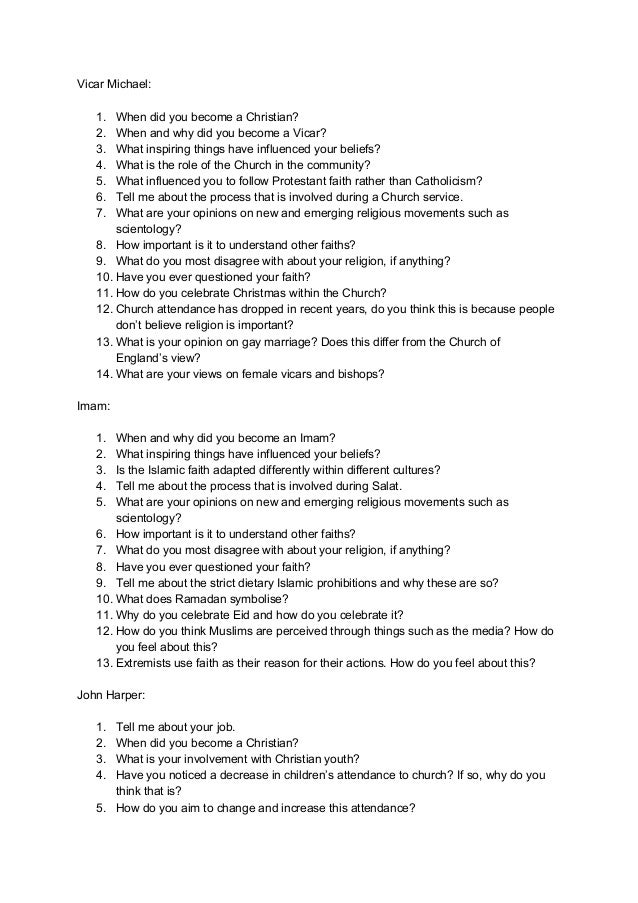 Interview questions for imam, john and vicar