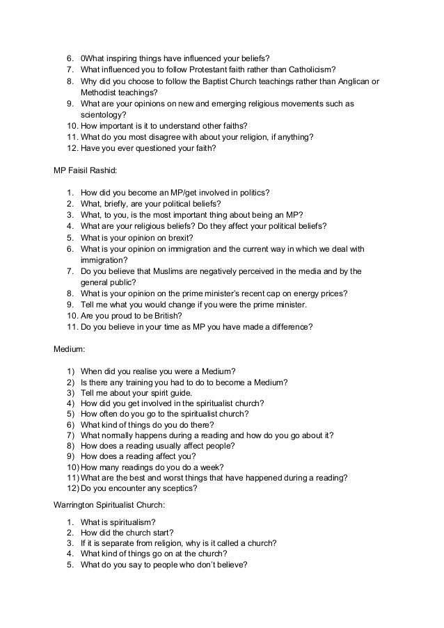 Interview questions for imam, john and vicar