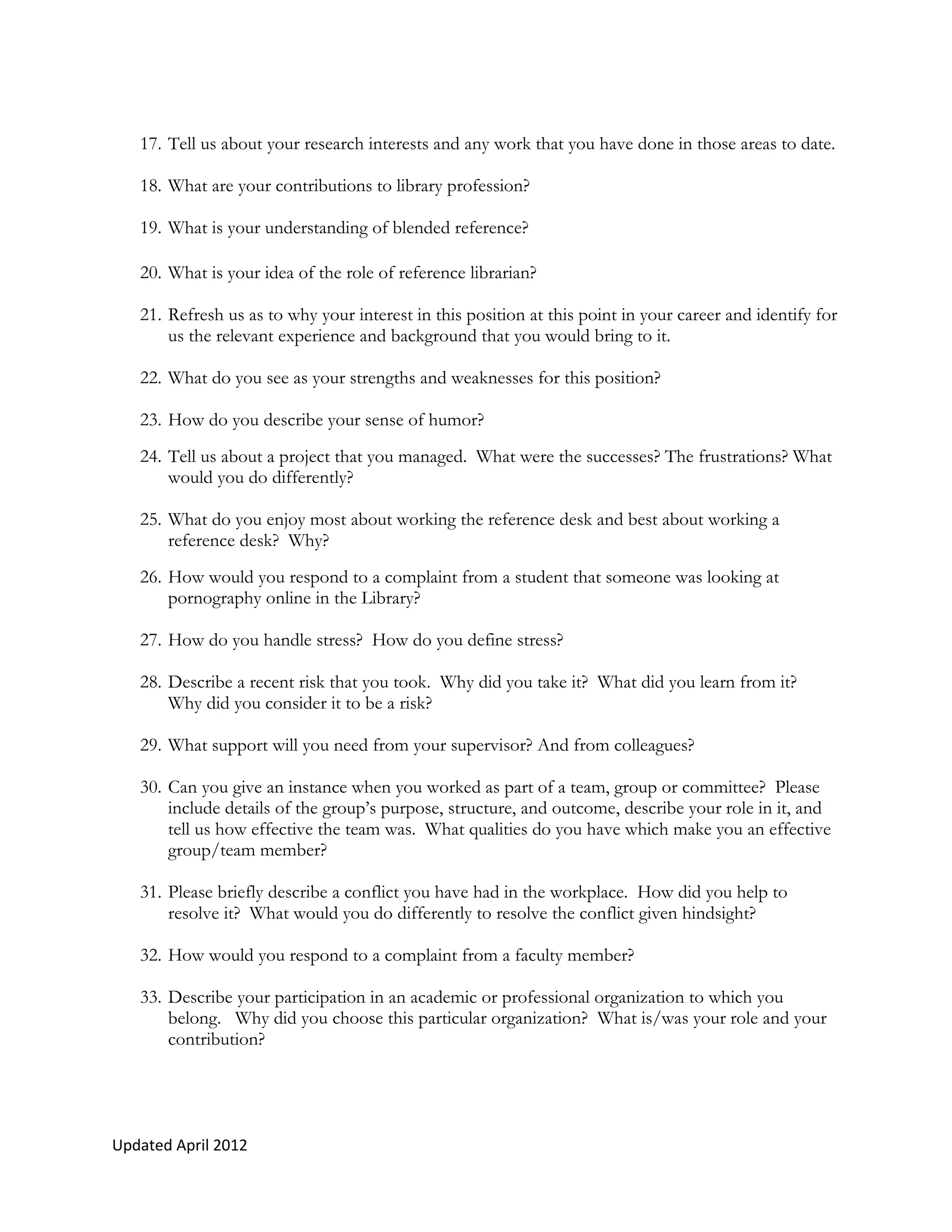 Interview questions reference liaison academic | DOCX