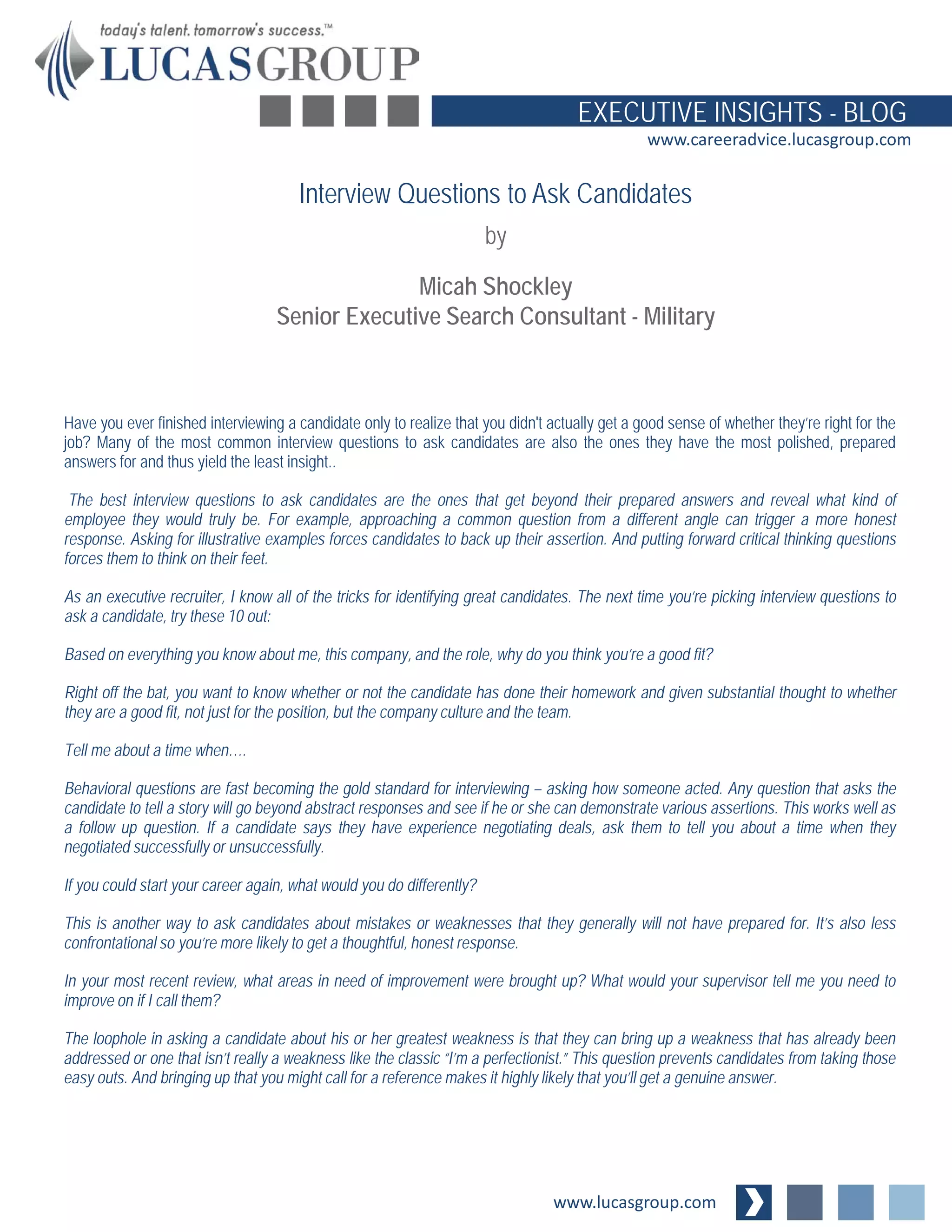 Interview Questions to Ask Candidates | PDF | Resume Writing and Advice ...