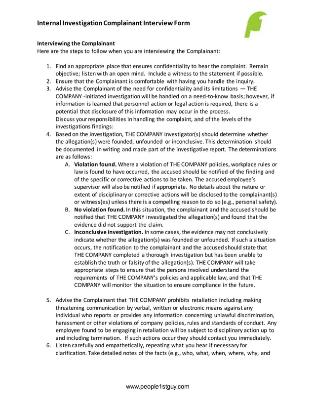 Employee Investigation Compliant Interview Form and Notes | PDF