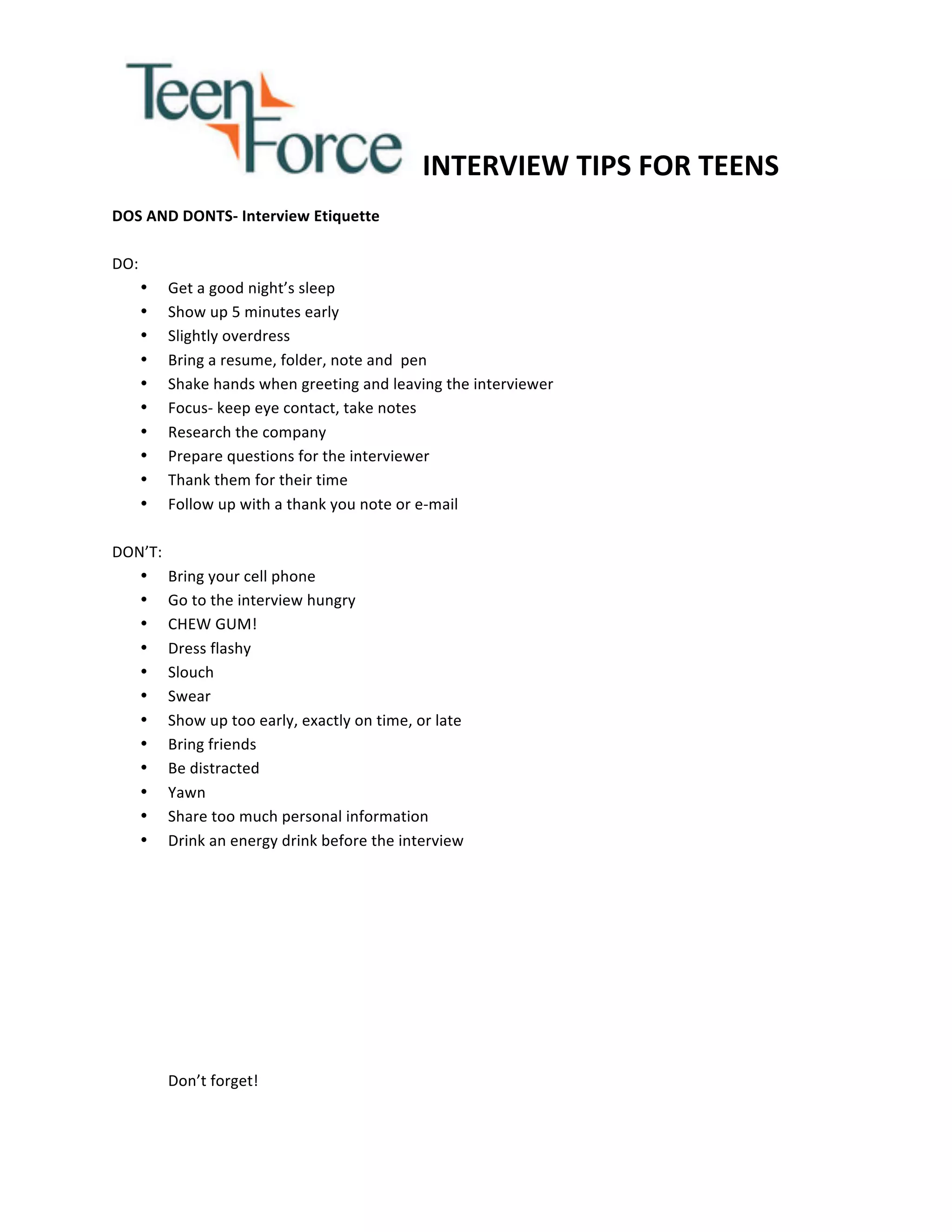 Teens Interview tips | PDF