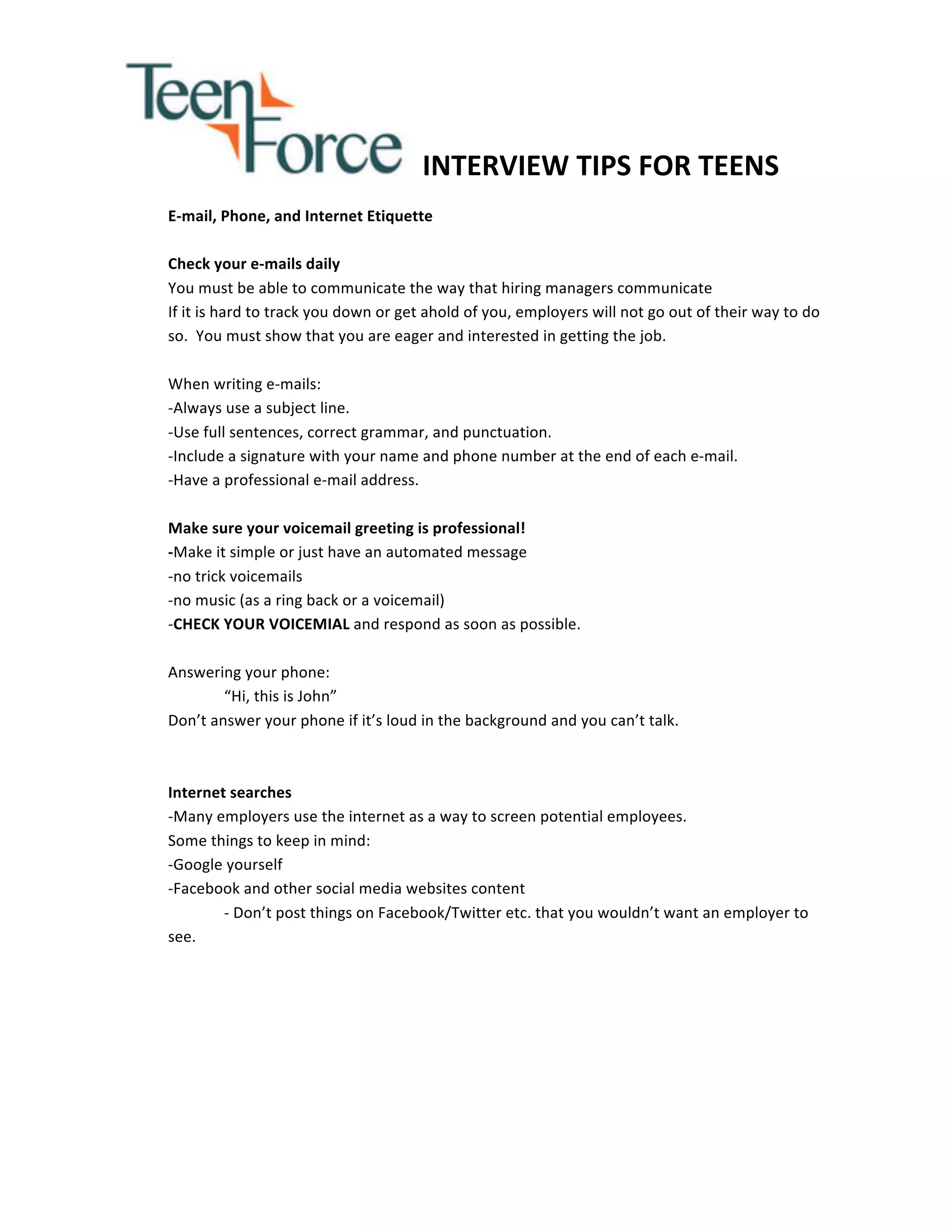 Teens Interview tips | PDF