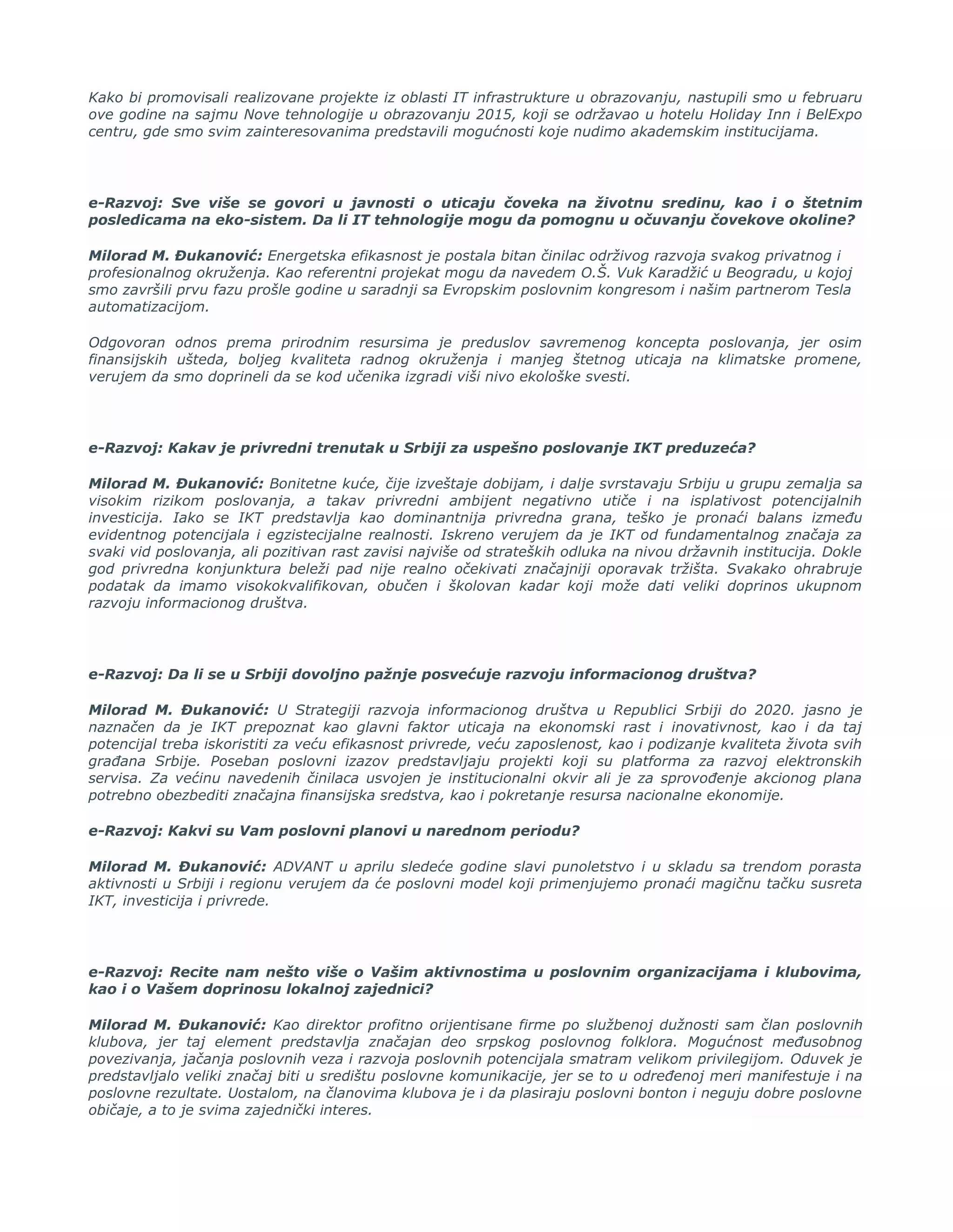 Intervju za e-Razvoj povodom 17 godina poslovanja preduzeća Advant u regionu | PDF