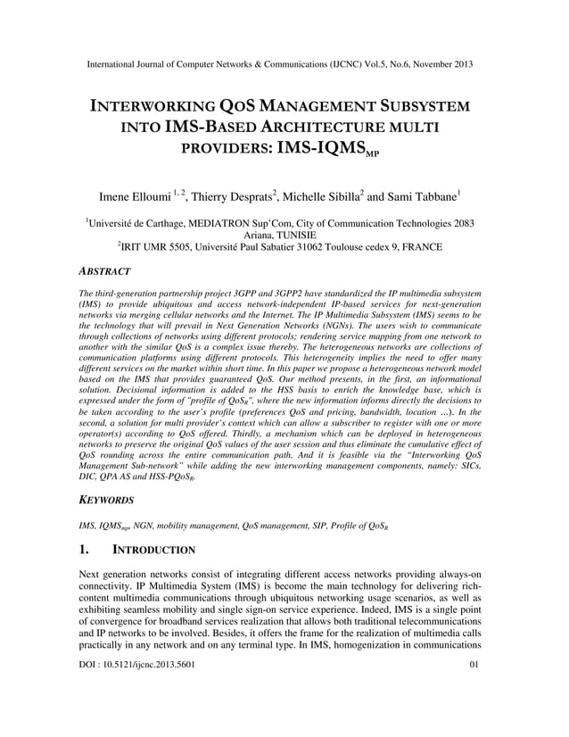 Interworking qos management subsystem into ims based architecture multi providers ims-iqmsmp | PDF