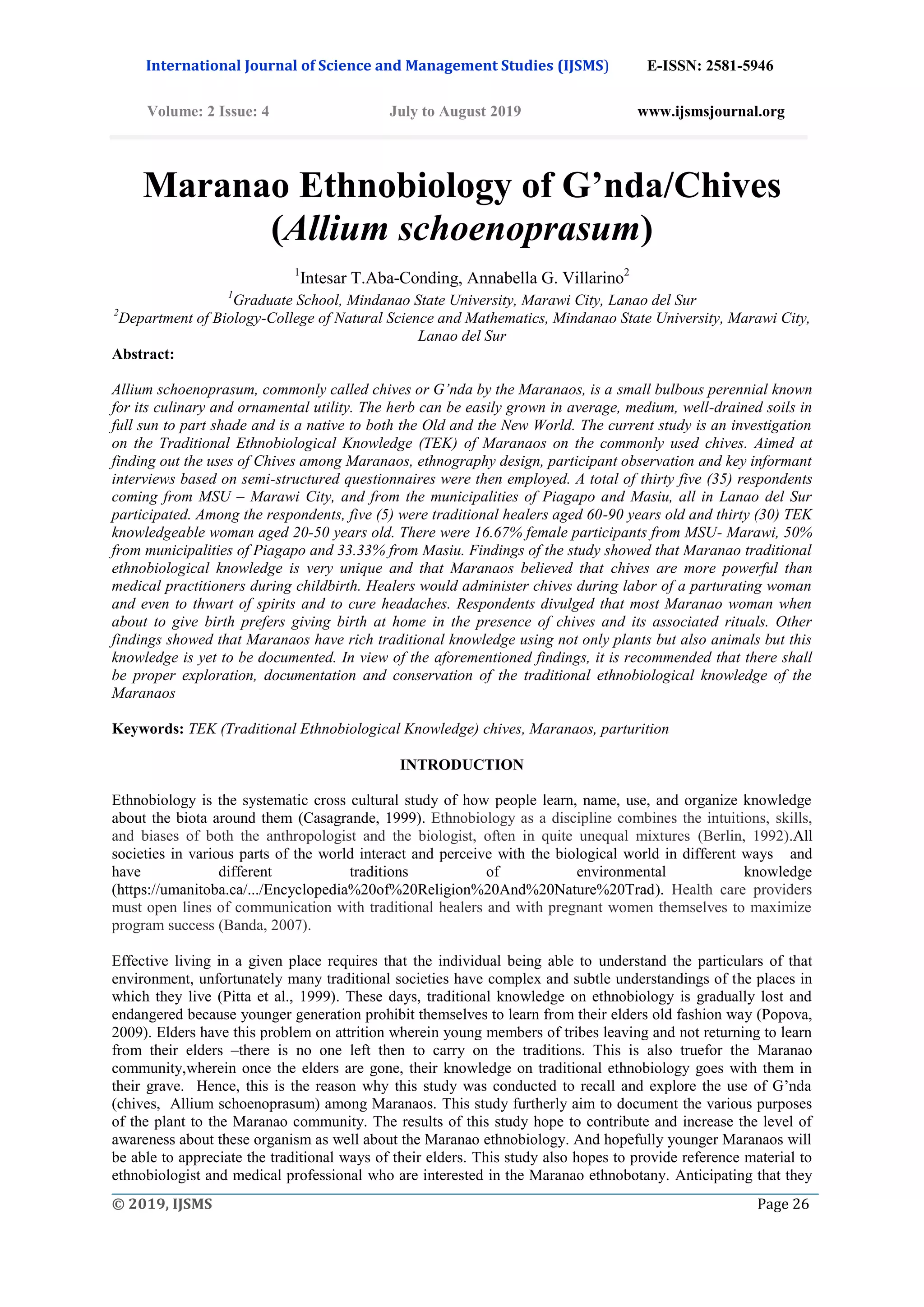 Maranao Ethnobiology of G’nda/Chives (Allium schoenoprasum) | PDF
