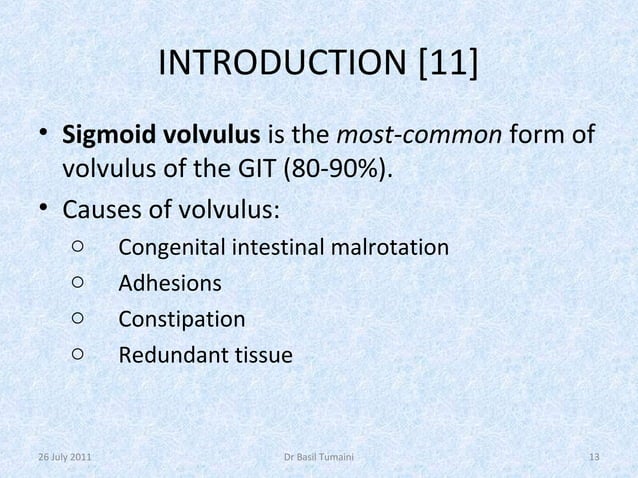 Intestinal obstruction caused by volvulus by dr basil | PPT