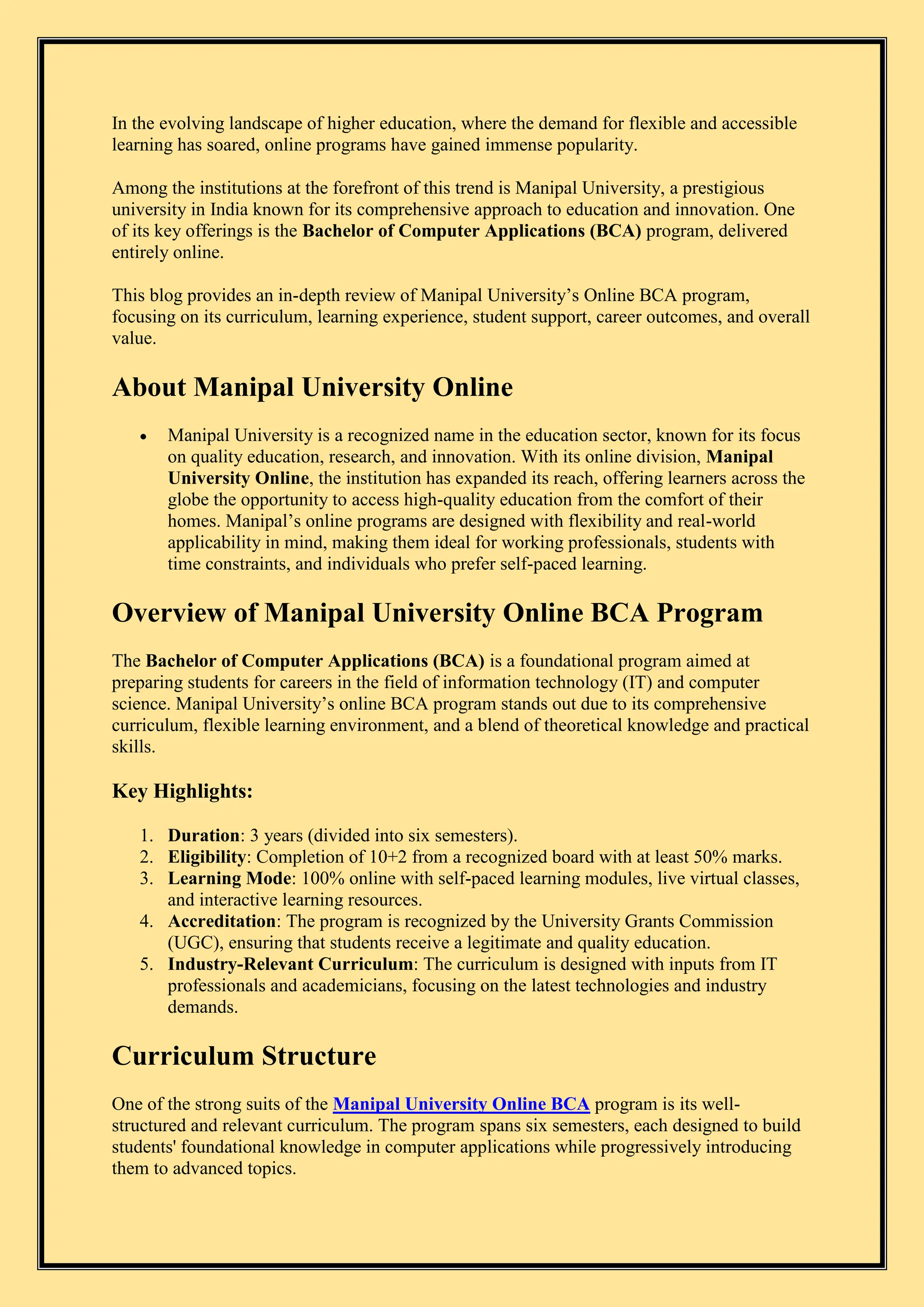 Manipal University Online BCA Review wit | PDF