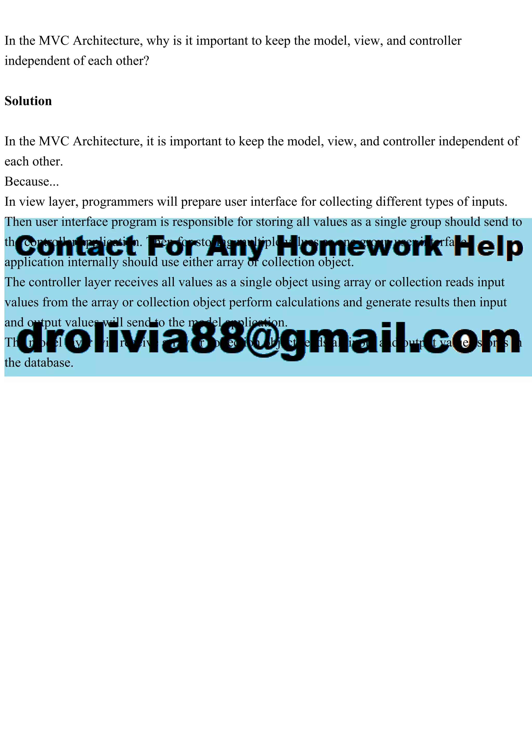 In the MVC Architecture, why is it important to keep the model, view.pdf