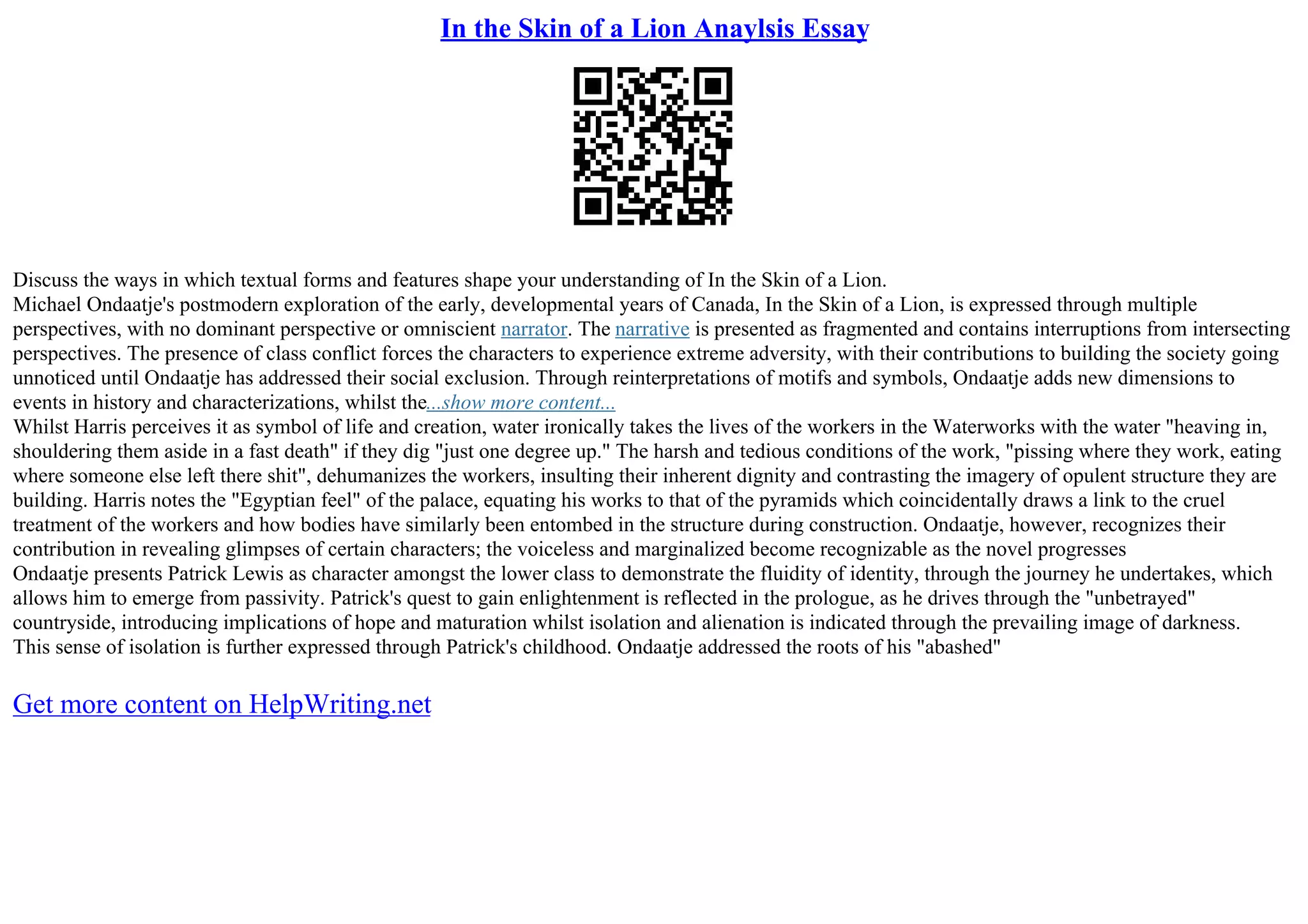 In The Skin Of A Lion Anaylsis Essay | PDF
