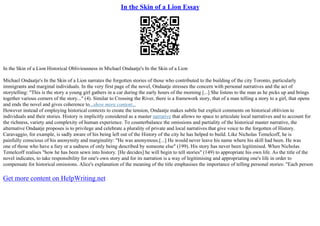 In The Skin Of A Lion Anaylsis Essay | PDF