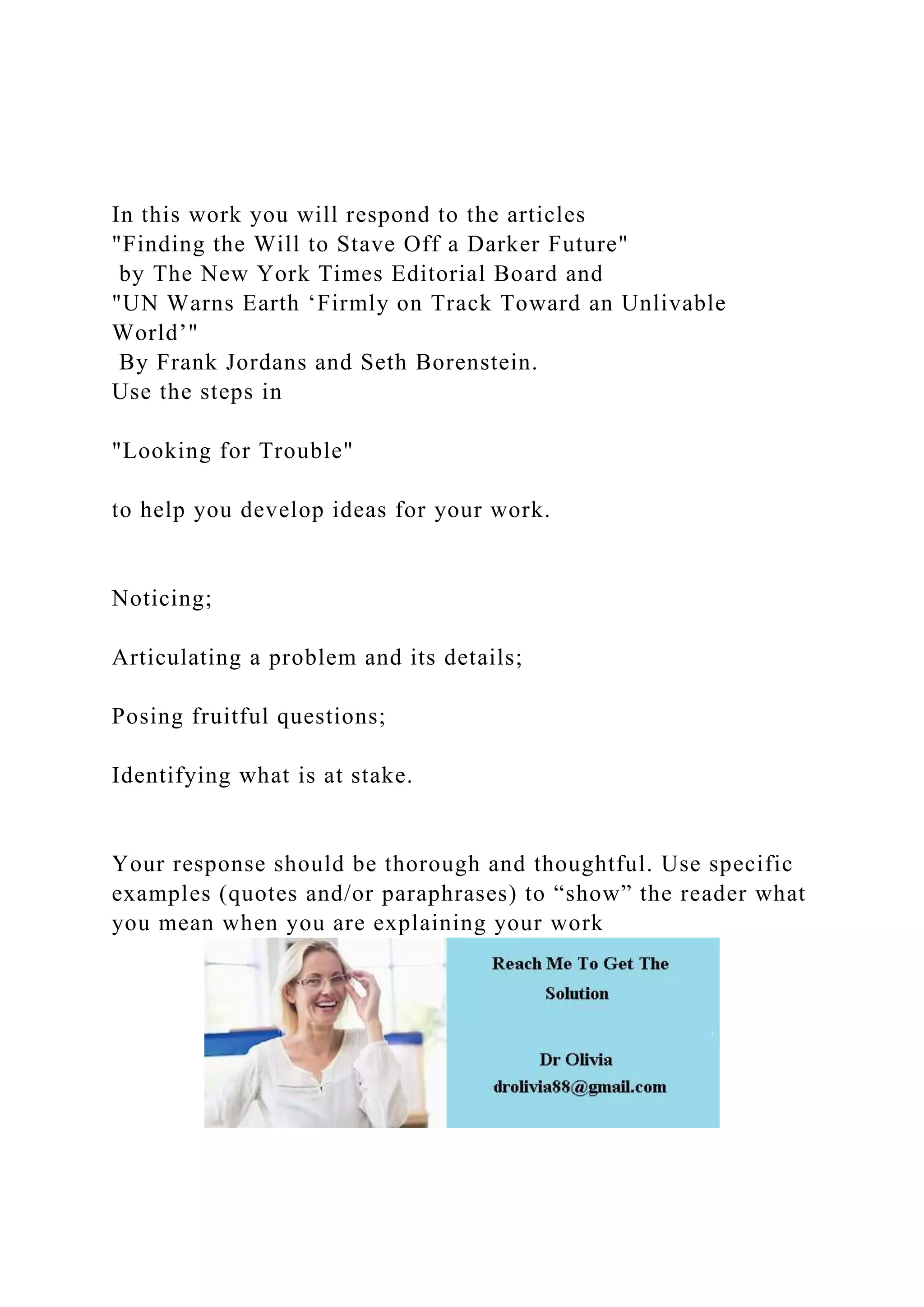 In this work you will respond to the articles Finding the Wil.docx