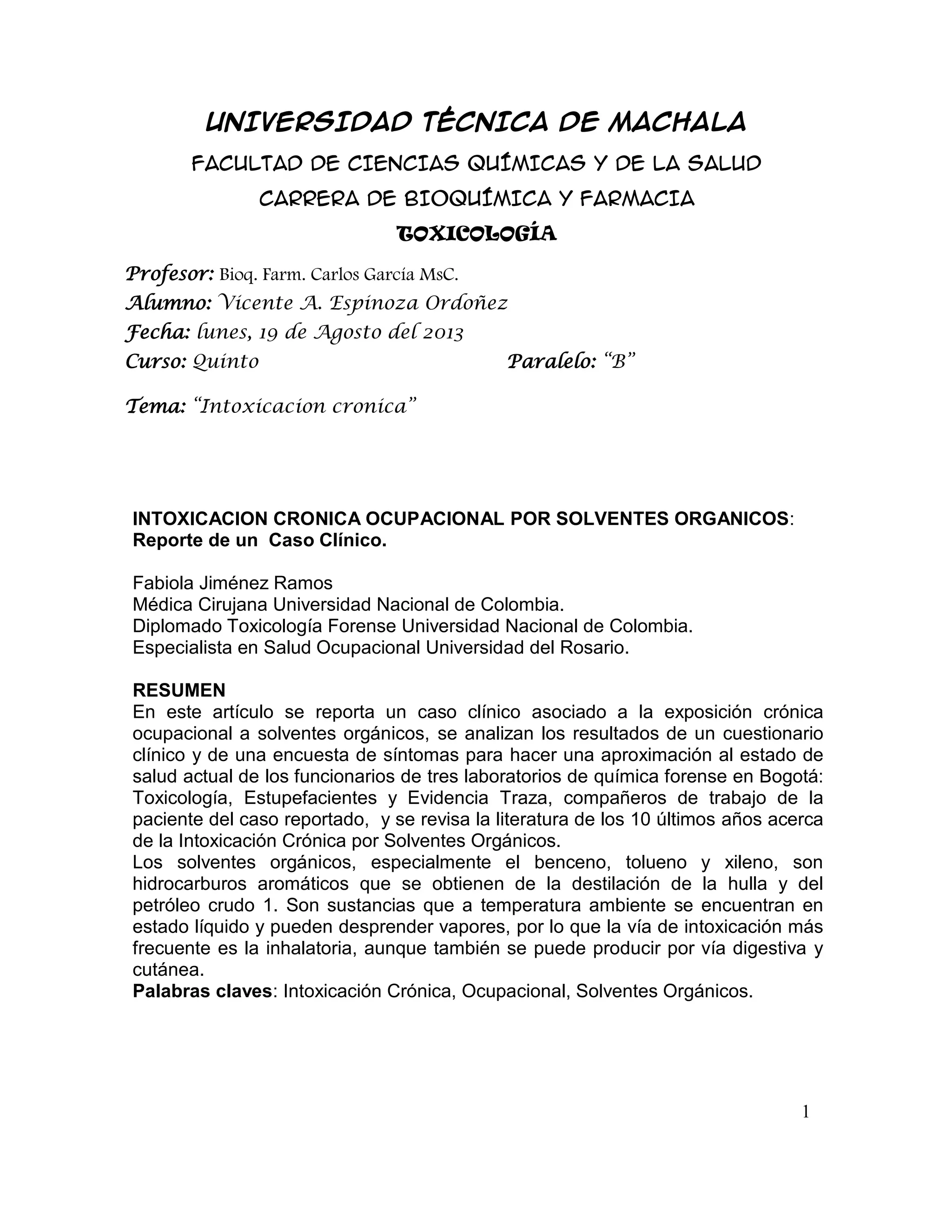 Intoxicacion cronica ocupacional por solventes organicos | DOCX
