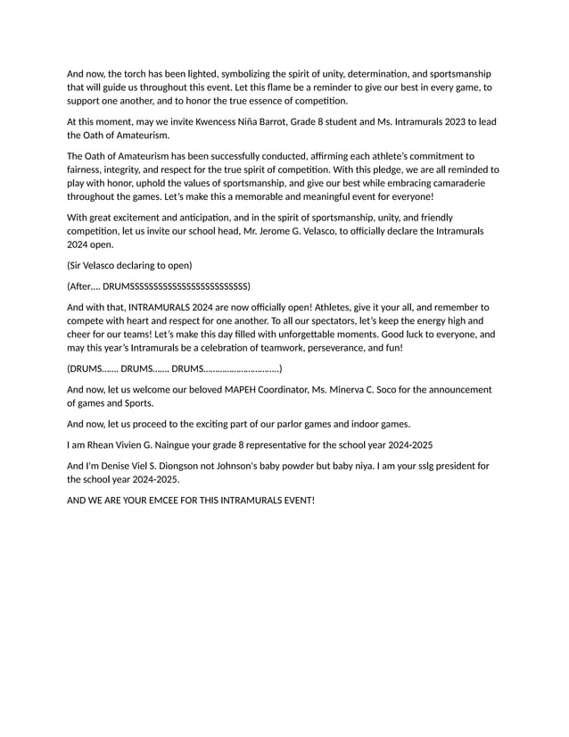 INTRAMURALS 2024-2025 EMCEE SCRIPT OPENING | DOCX | Summer Olympic ...