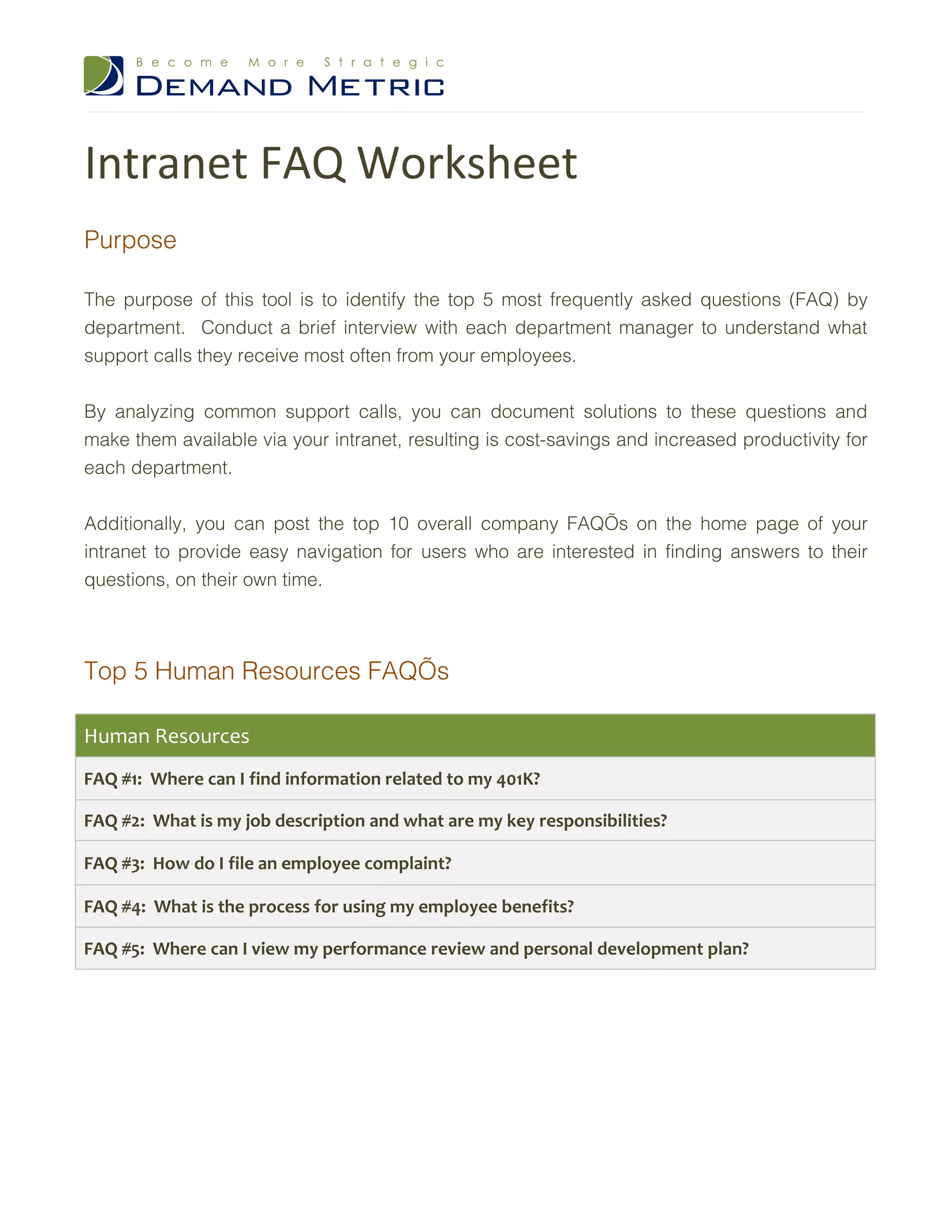 Intranet Faq Worksheet | DOC