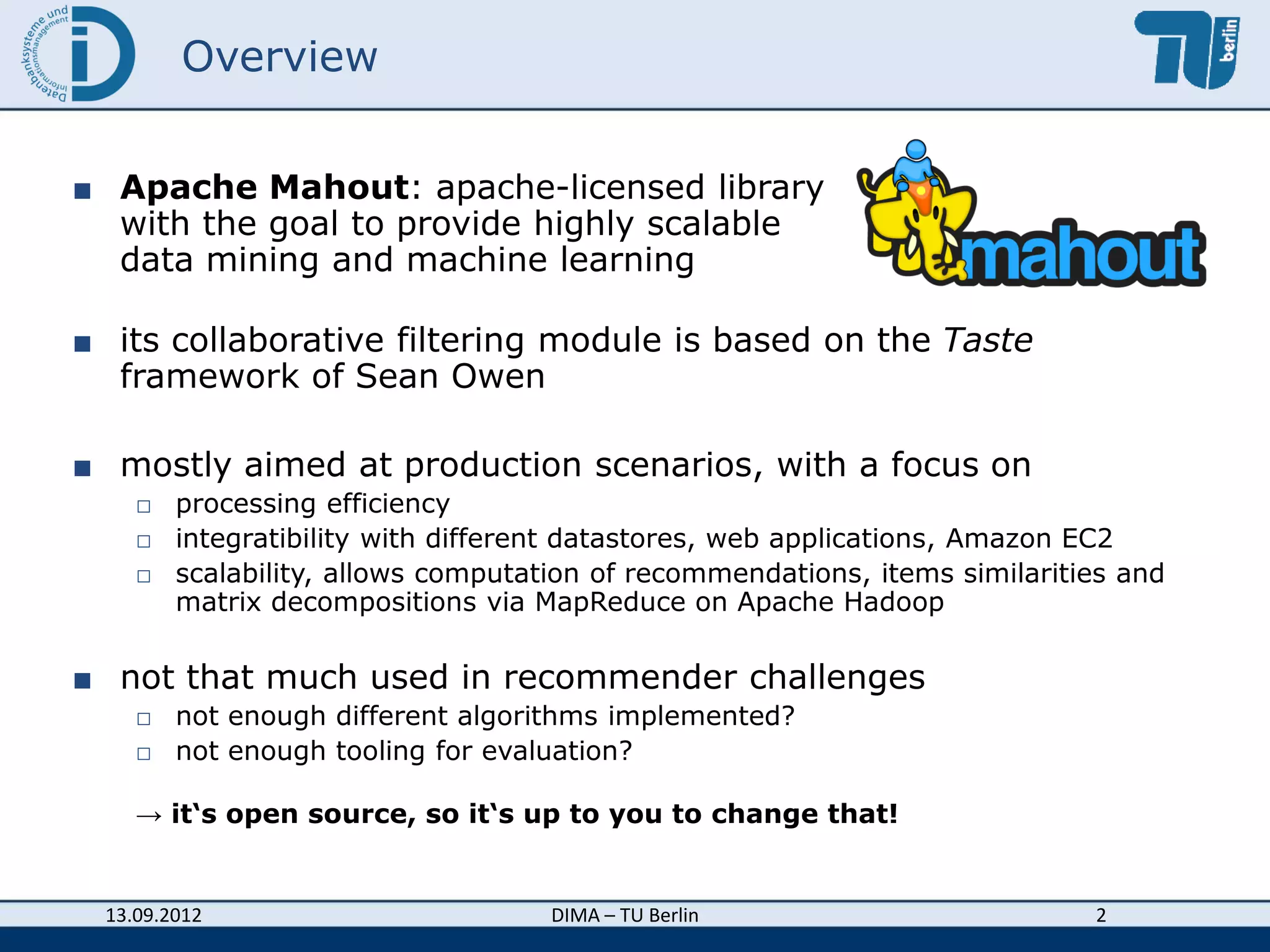 Introduction To Collaborative Filtering With Apache Mahout Ppt