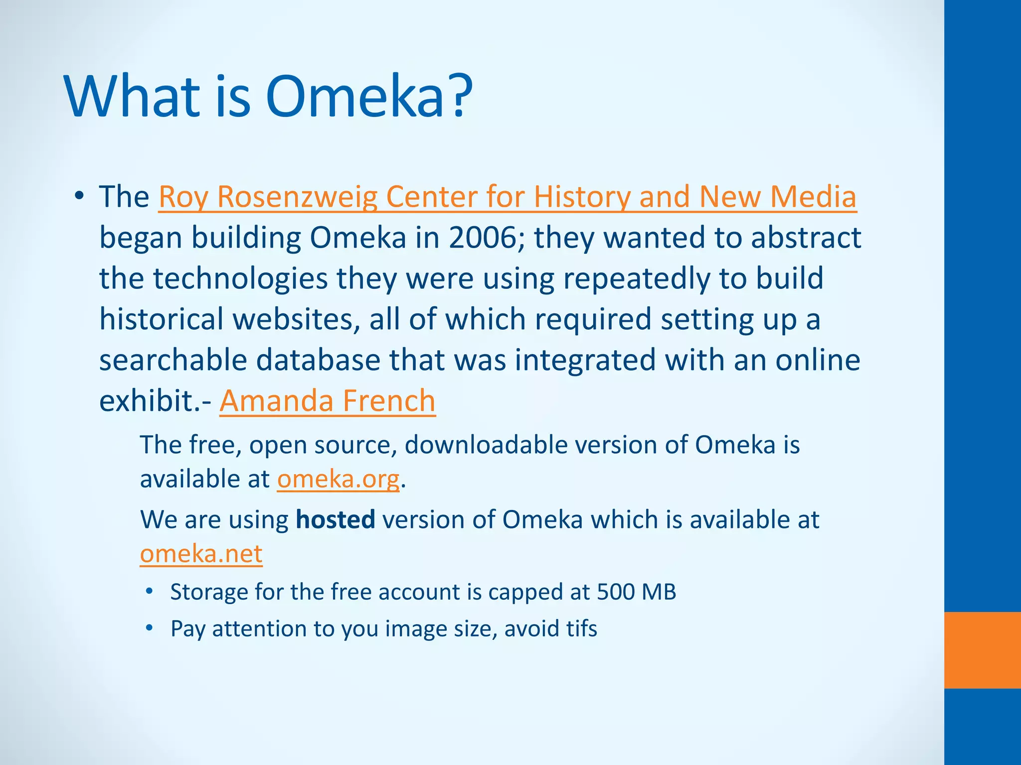 Introduction to Omeka | PPTX | Databases | Computer Software and Applications