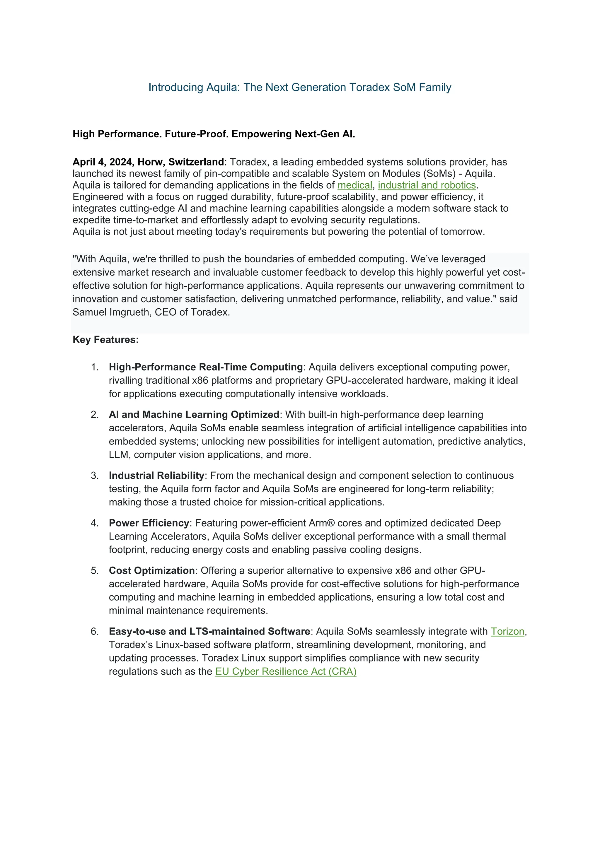 Introducing Aquila: The Next Generation Toradex SoM Family | PDF