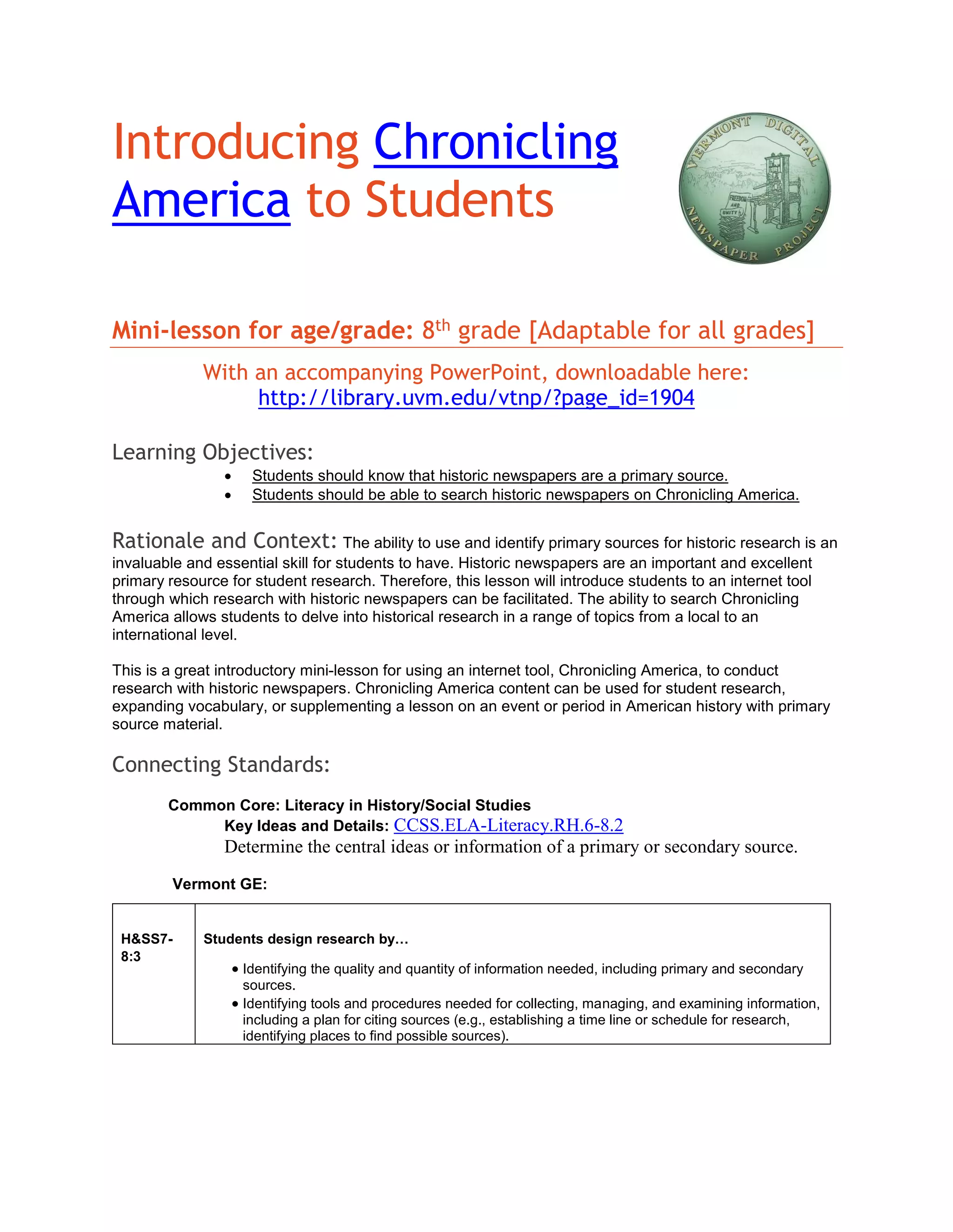 Introducing Chronicling America to Students Lesson Plan | PDF
