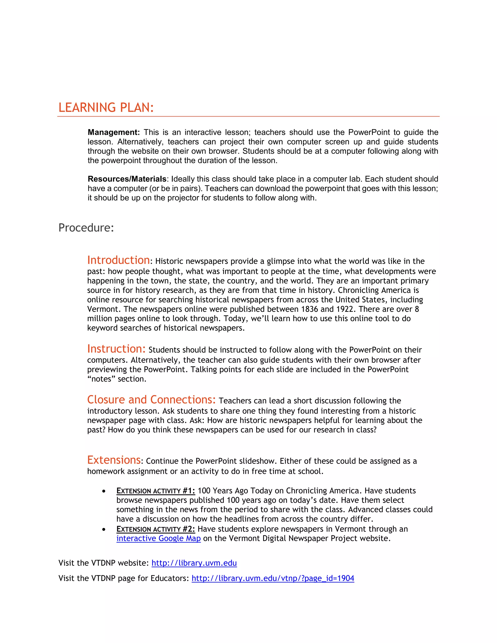 Introducing Chronicling America to Students Lesson Plan | PDF