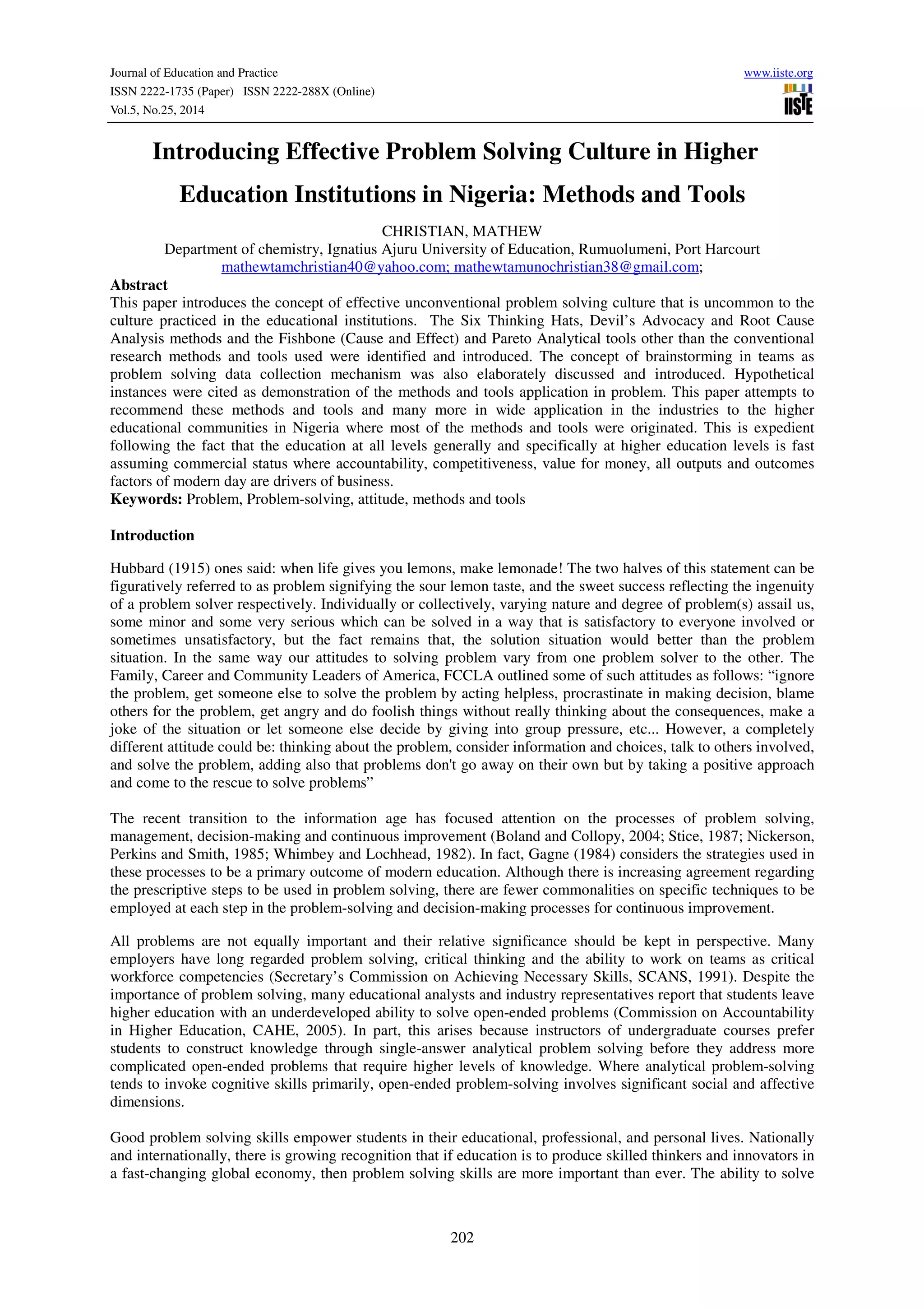 Introducing effective problem solving culture in higher | PDF