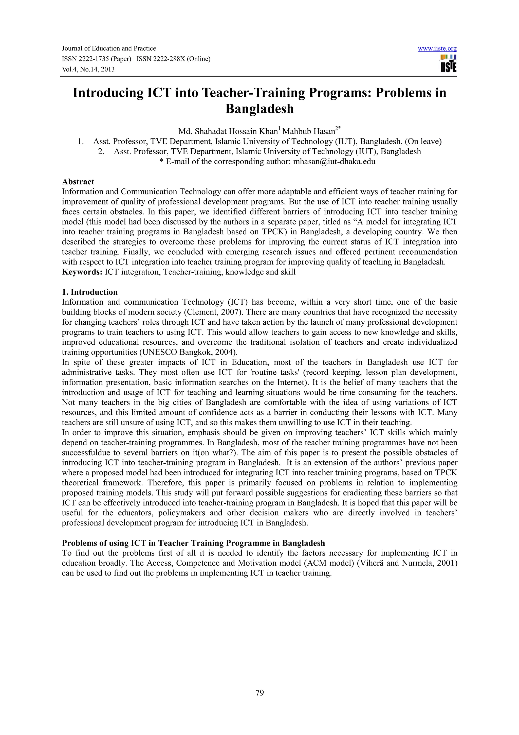 Introducing ict into teacher training programs-problems in bangladesh | PDF