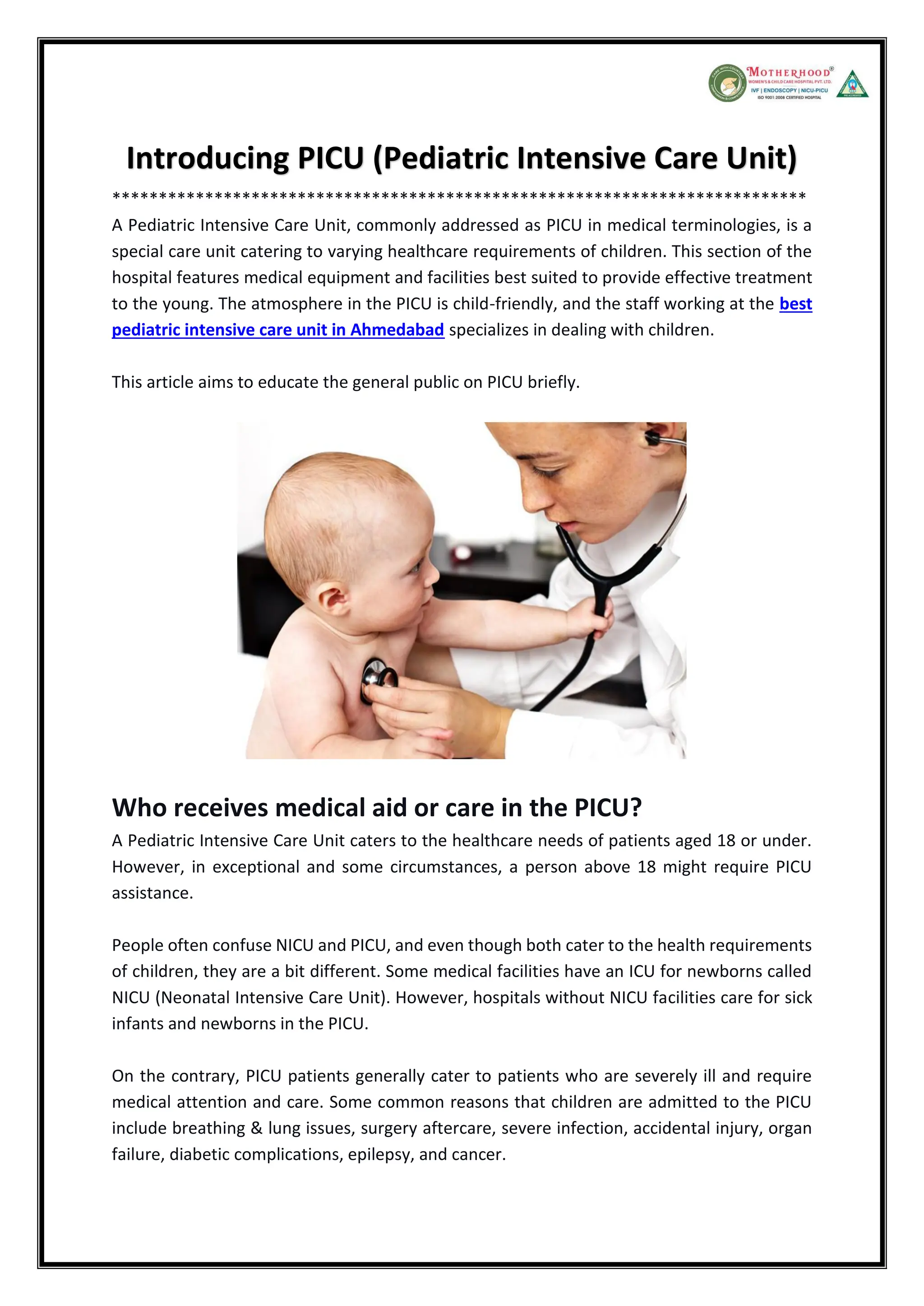 Things to know about Pediatric Intensive Care Unit | PDF
