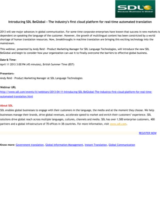 Introducing SDL BeGlobal - The industry's first cloud platform for real-time automated ...