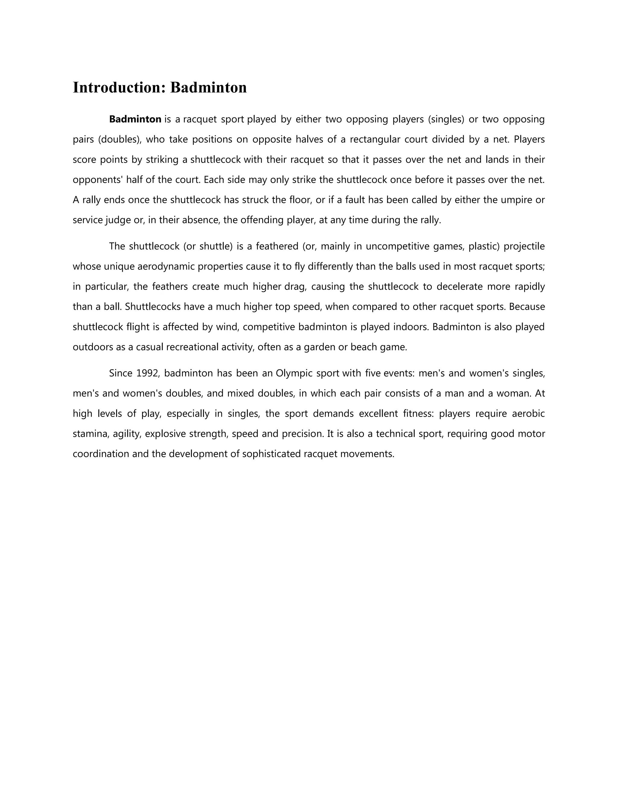 Introduction to Badminton | DOCX