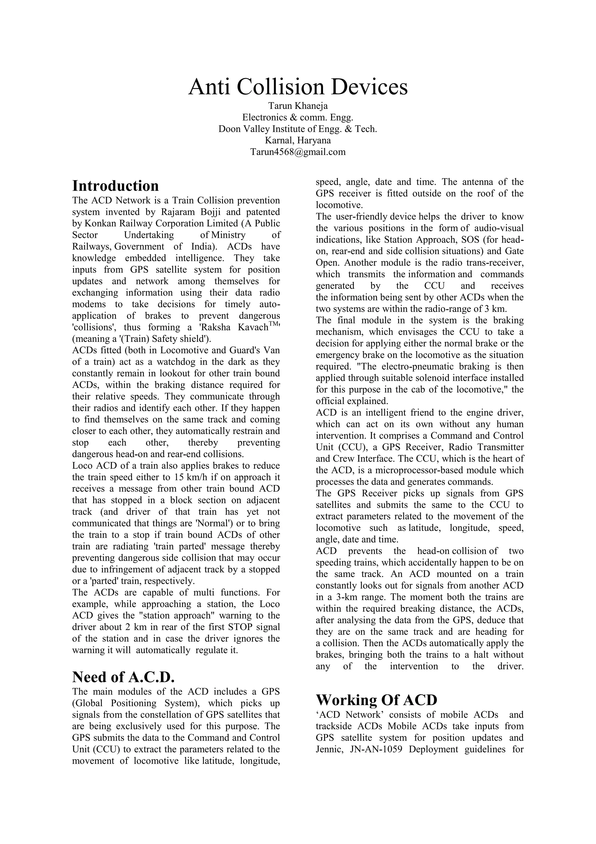 report on ACD (anti collision devices) in IEEE format by Tarun Khaneja ( 9034406598 ) | DOCX