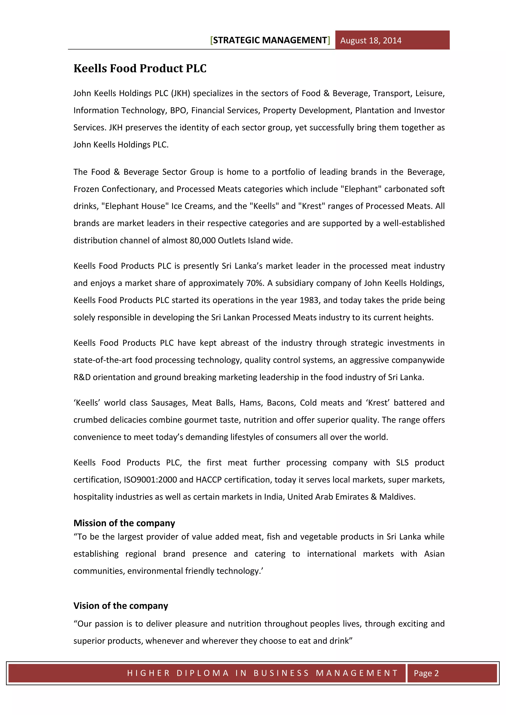 strategic practices of the of Keells Food Product PLC | DOCX