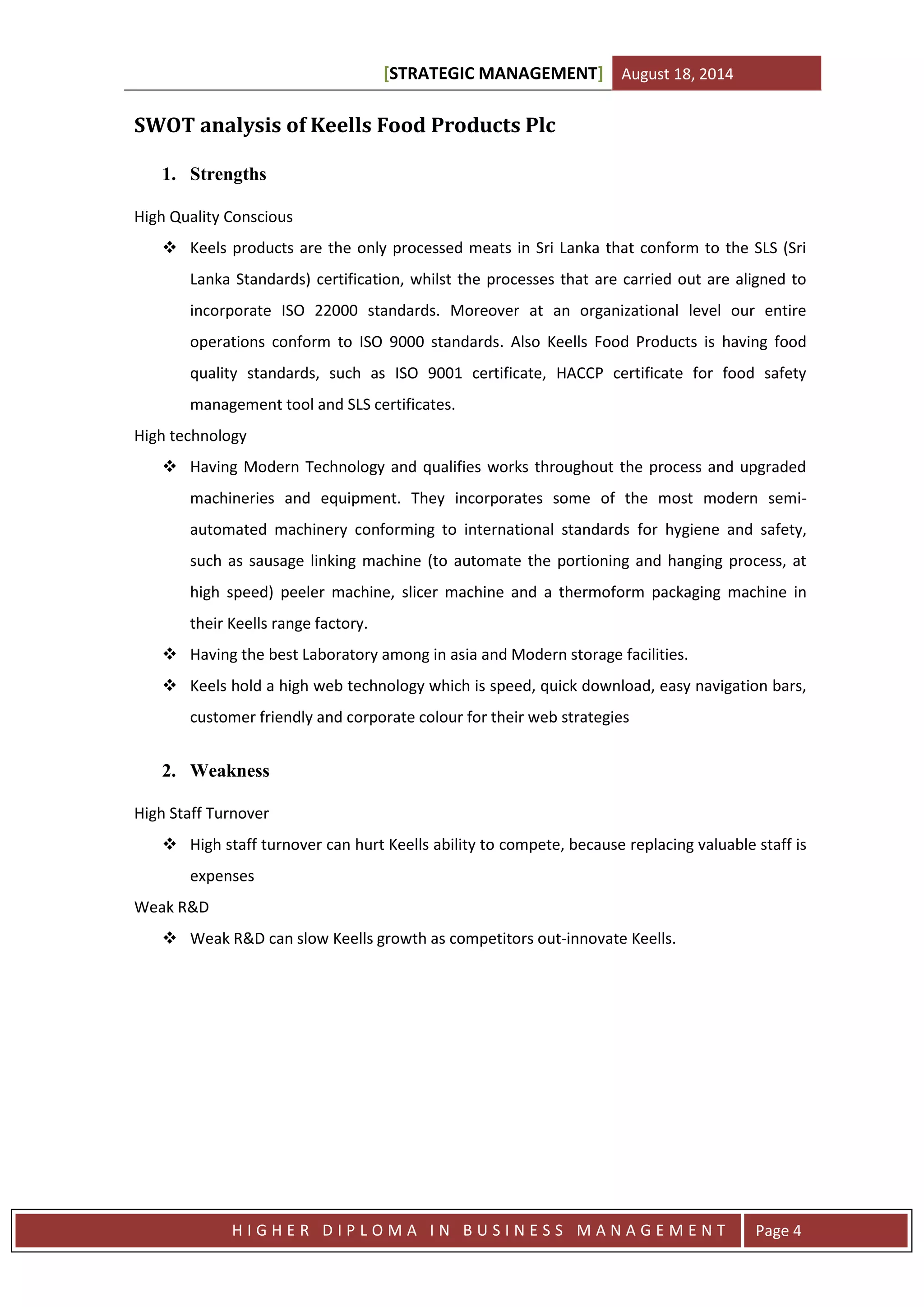 strategic practices of the of Keells Food Product PLC | DOCX