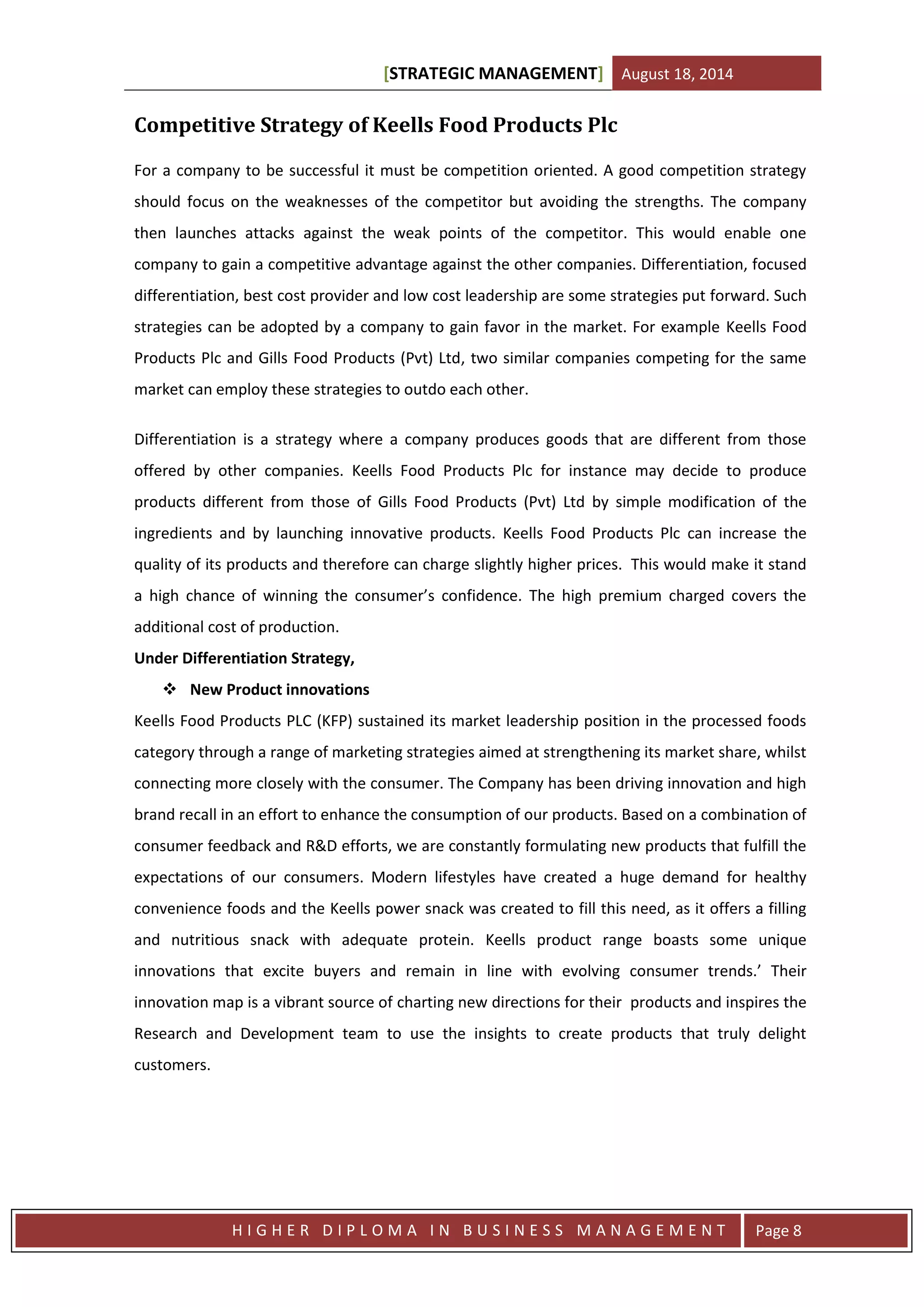 strategic practices of the of Keells Food Product PLC | DOCX