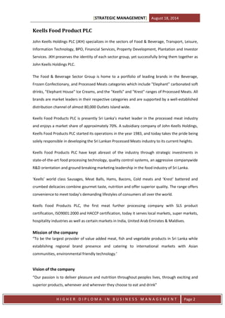strategic practices of the of Keells Food Product PLC | DOCX