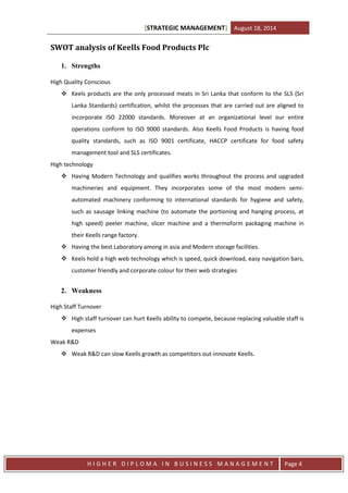 strategic practices of the of Keells Food Product PLC | DOCX