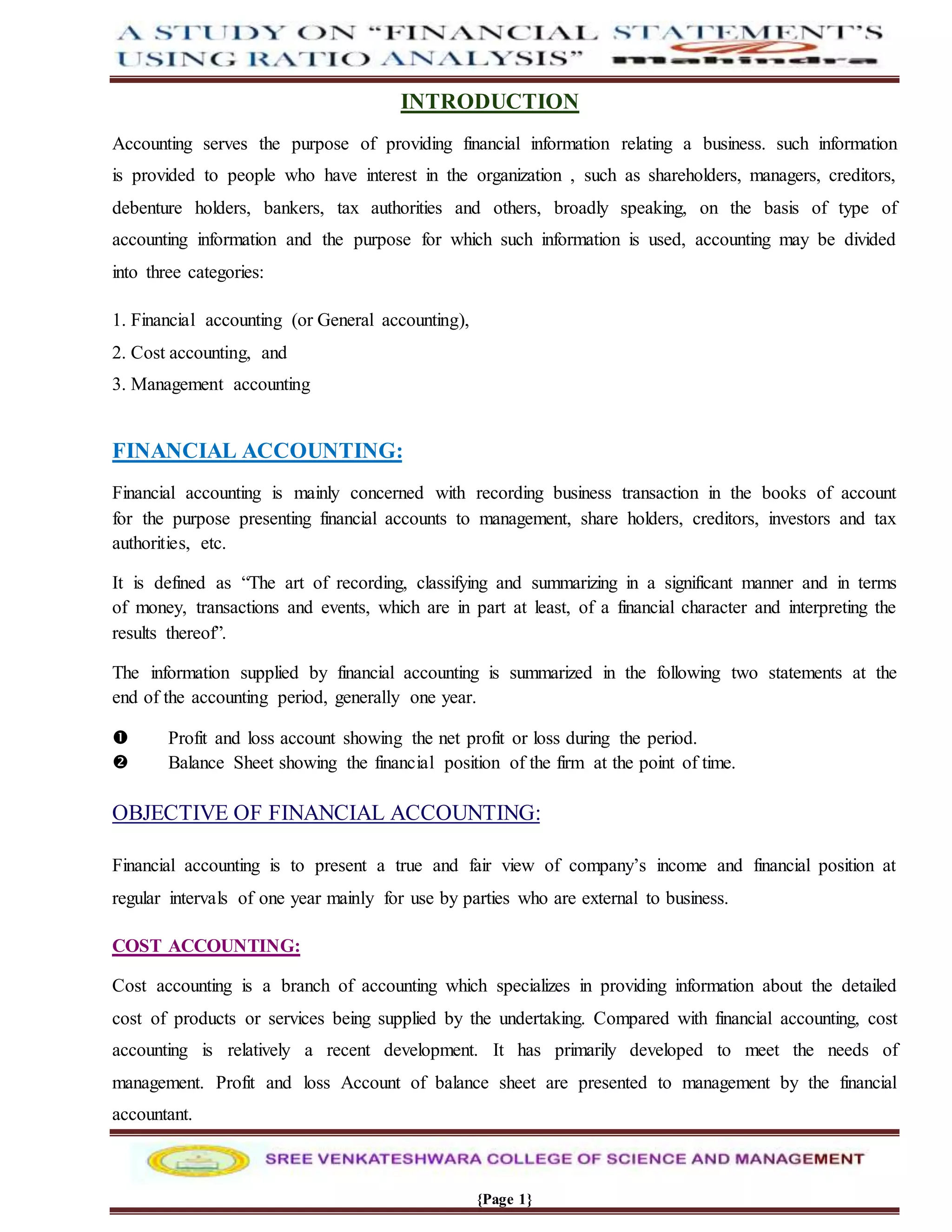 A FINANCIAL STATEMENT USING RATIO ANALYSIS AT MAHINDRA AND MAHINDRA LTD ...